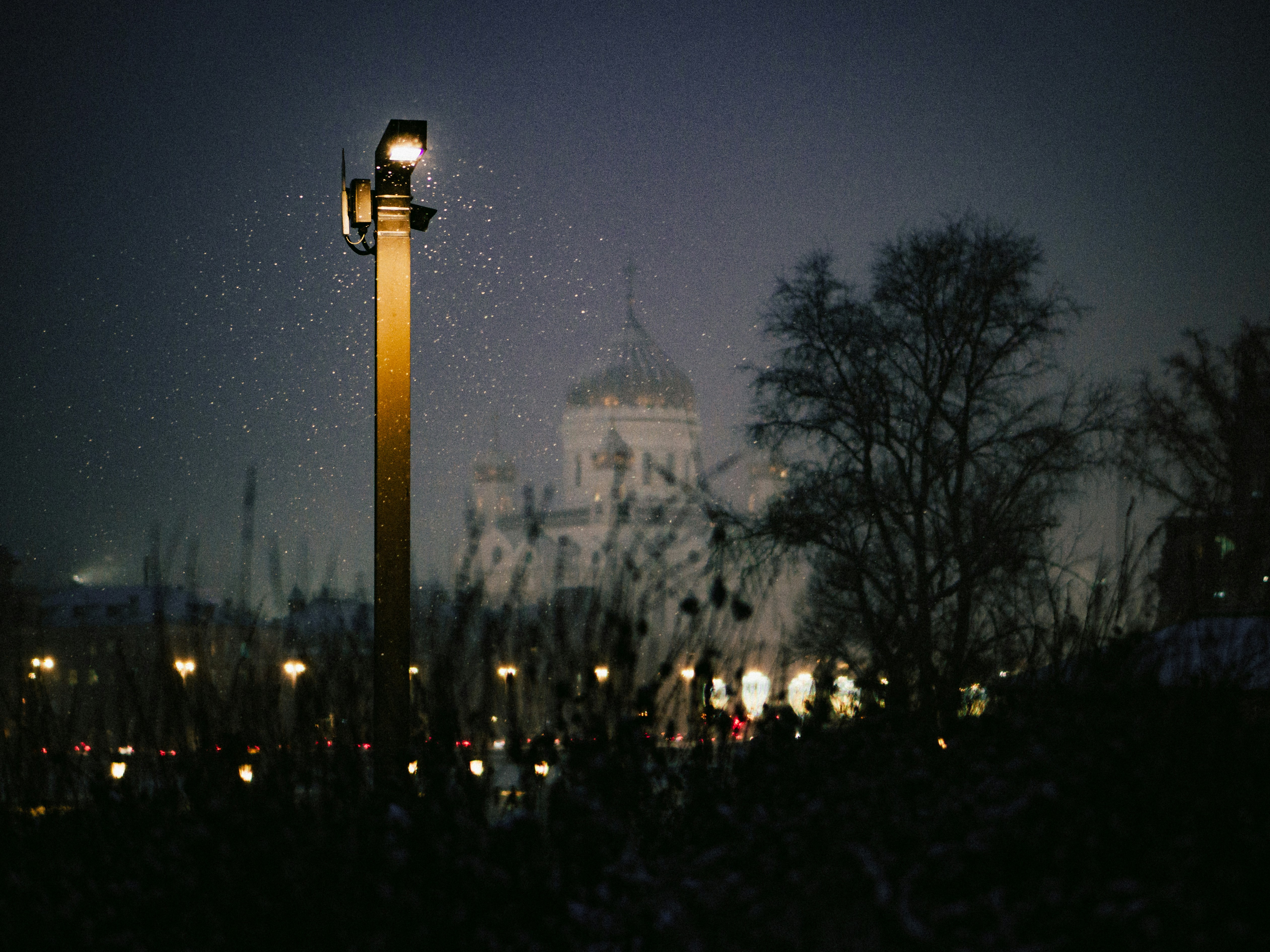 Snow-Speckled Streetlamp Framing a Silent City Cathedral at Night