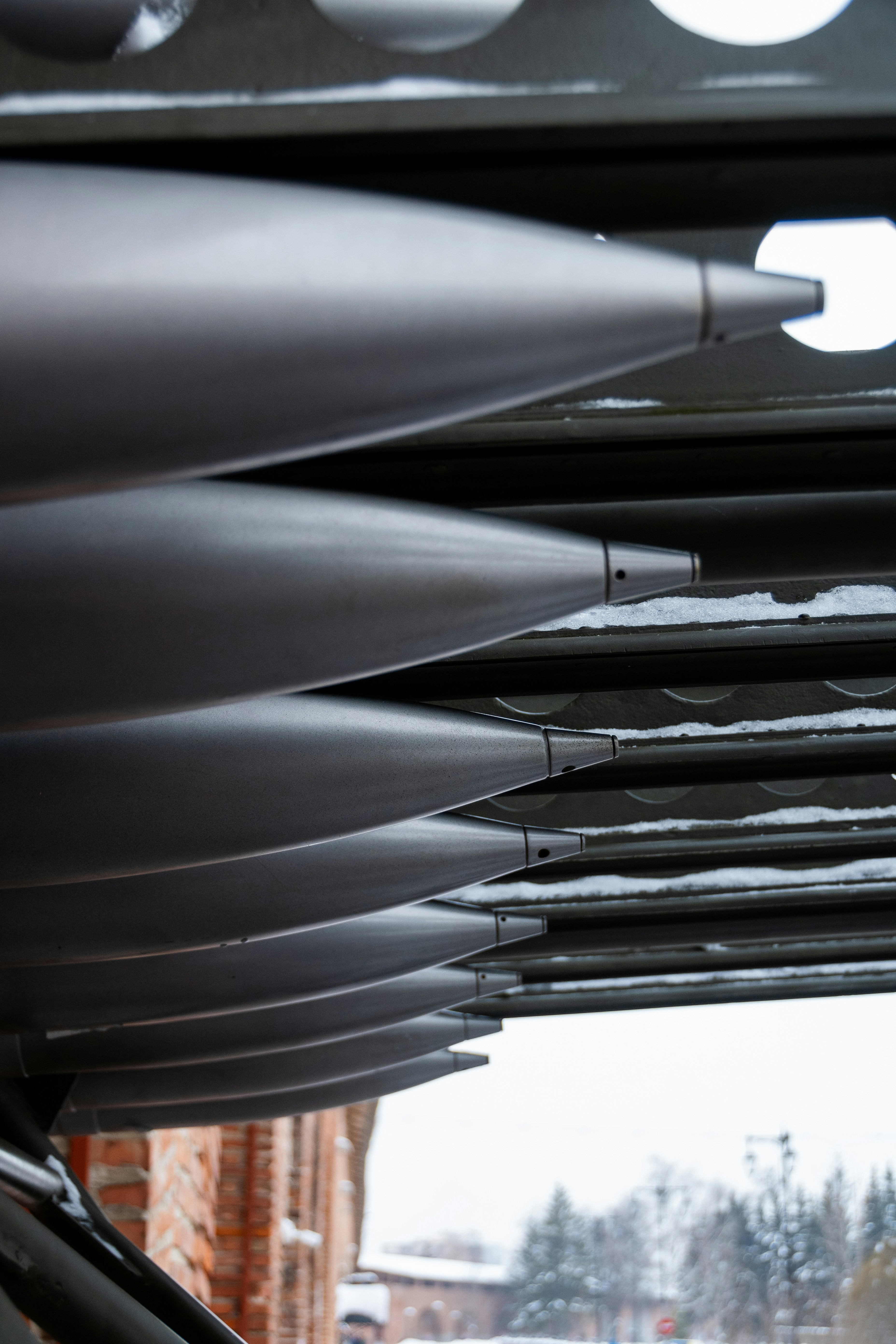 Missiles loaded on a rocket launcher.