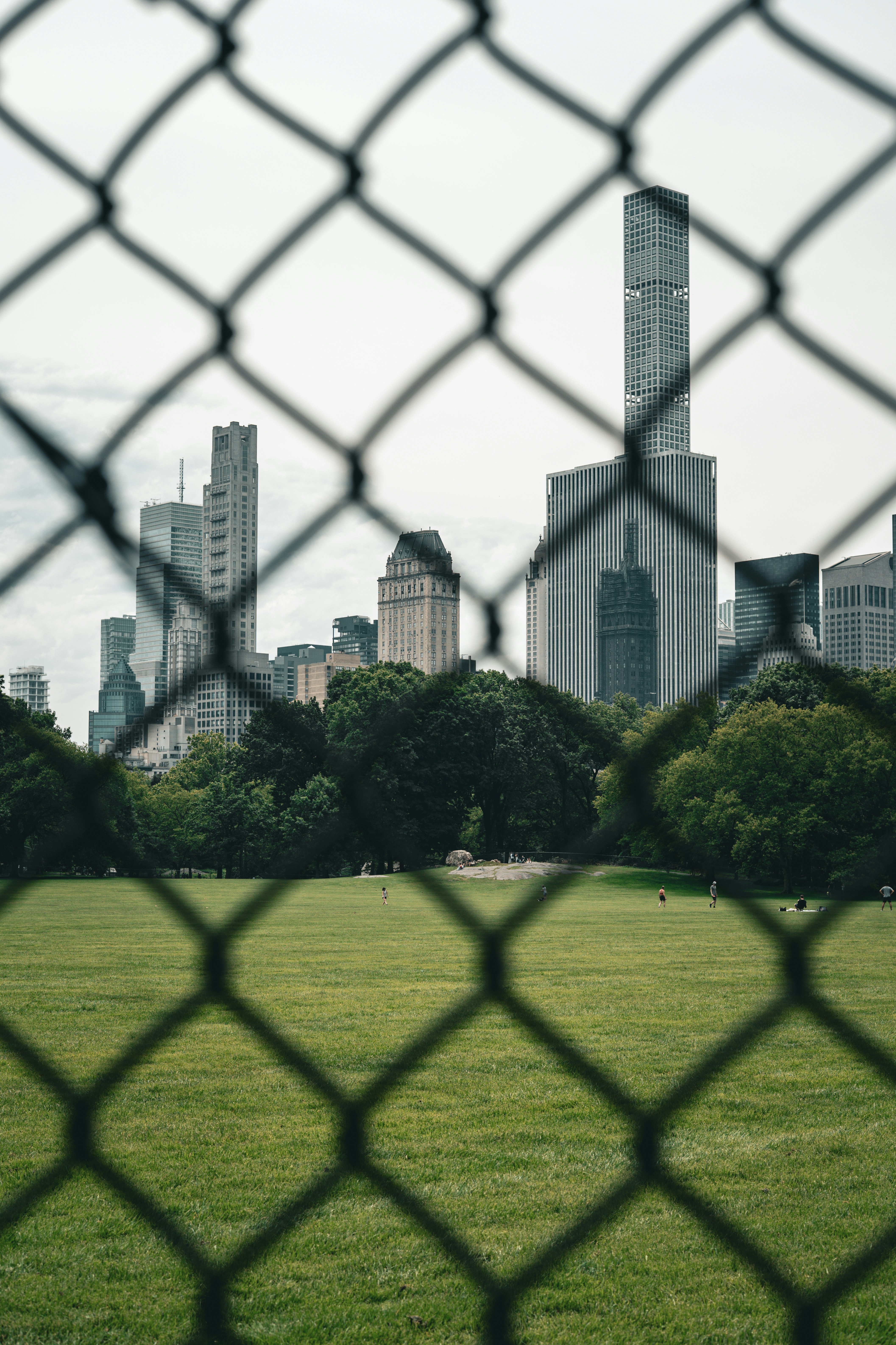 City Skyline Framed by a Silent Chain-Link Foreground