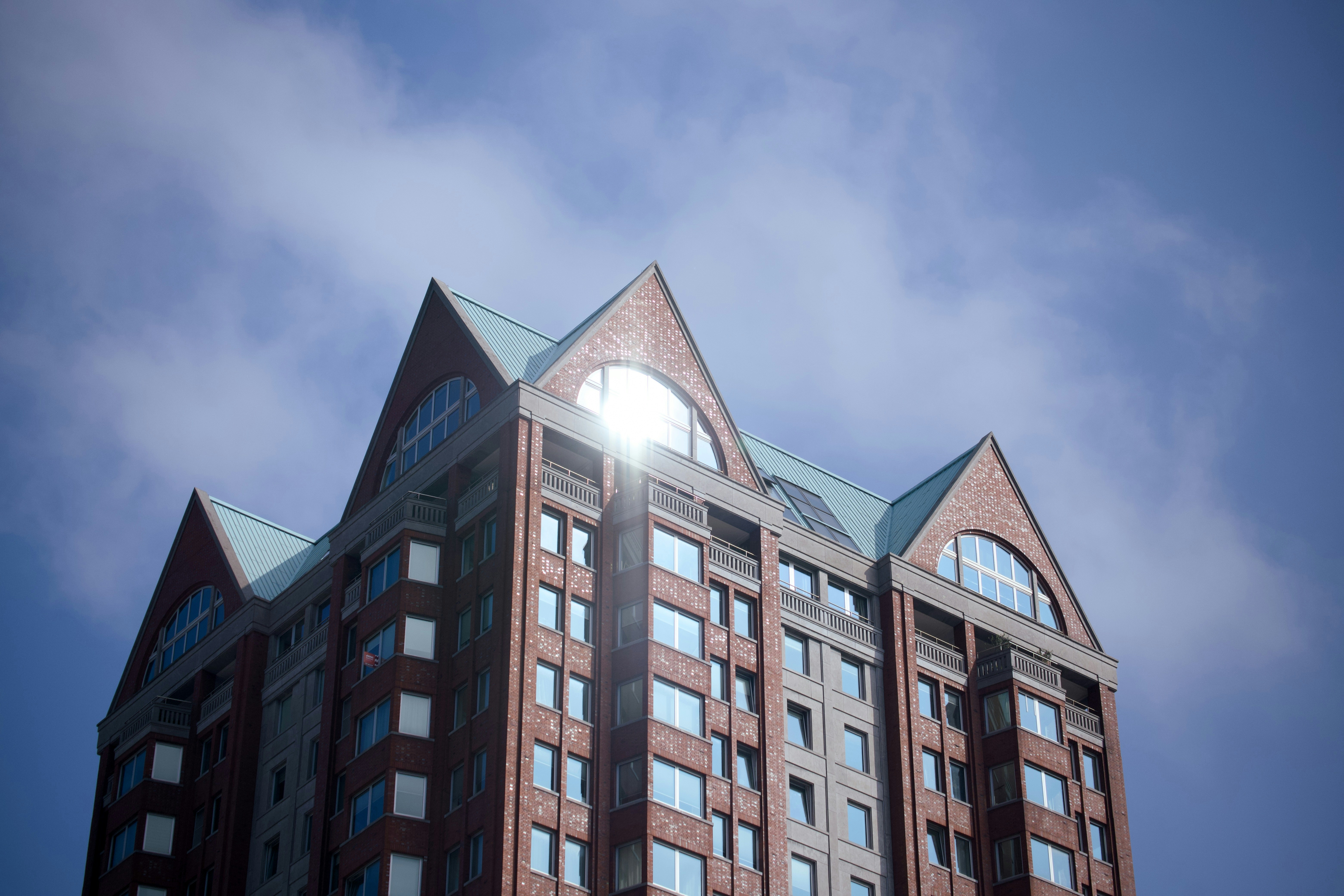 Brick Peaks Toward the Sky: A Tower's Triangular Roofline