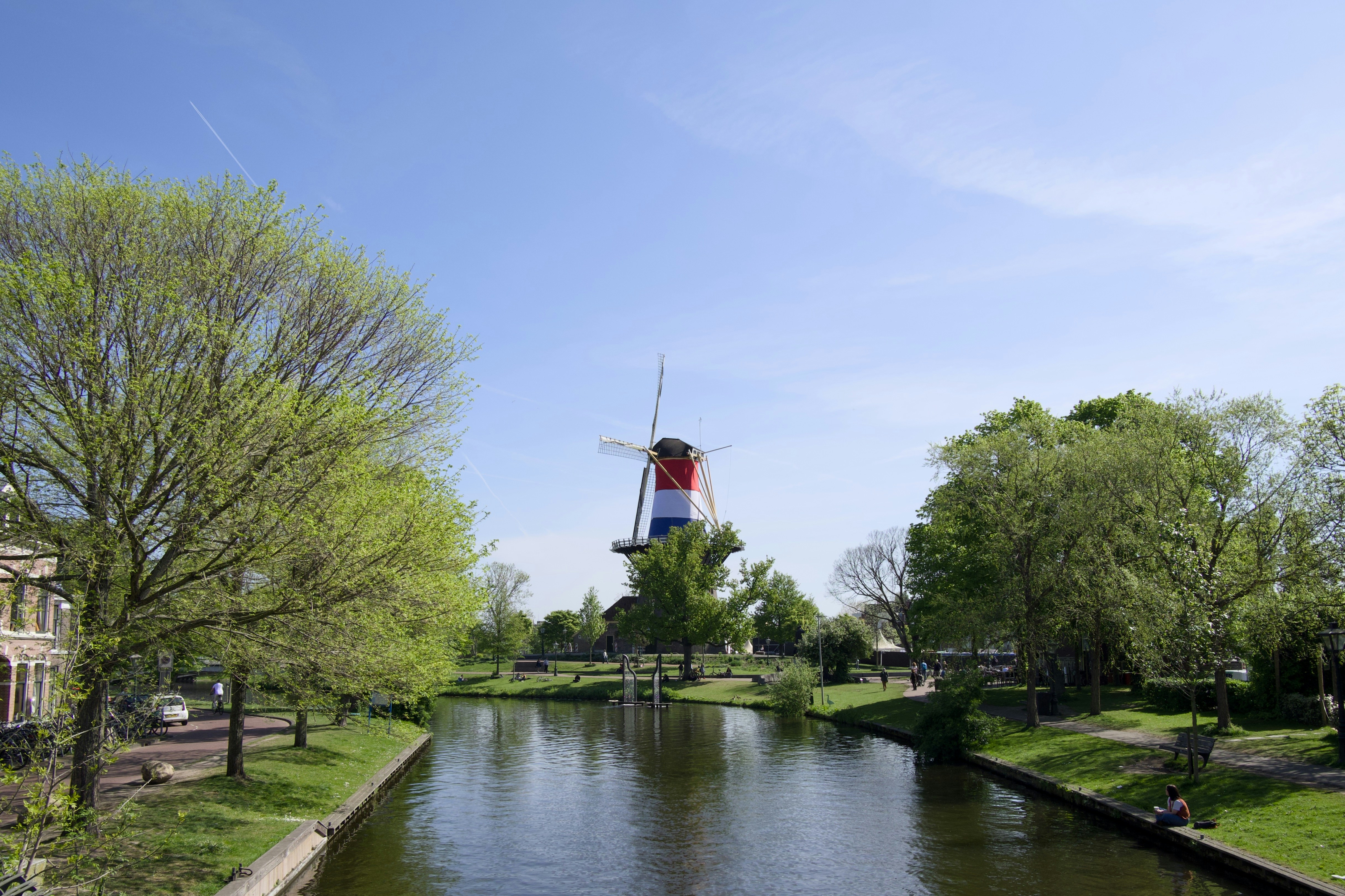 Dutch windmill on a canal with green trees.