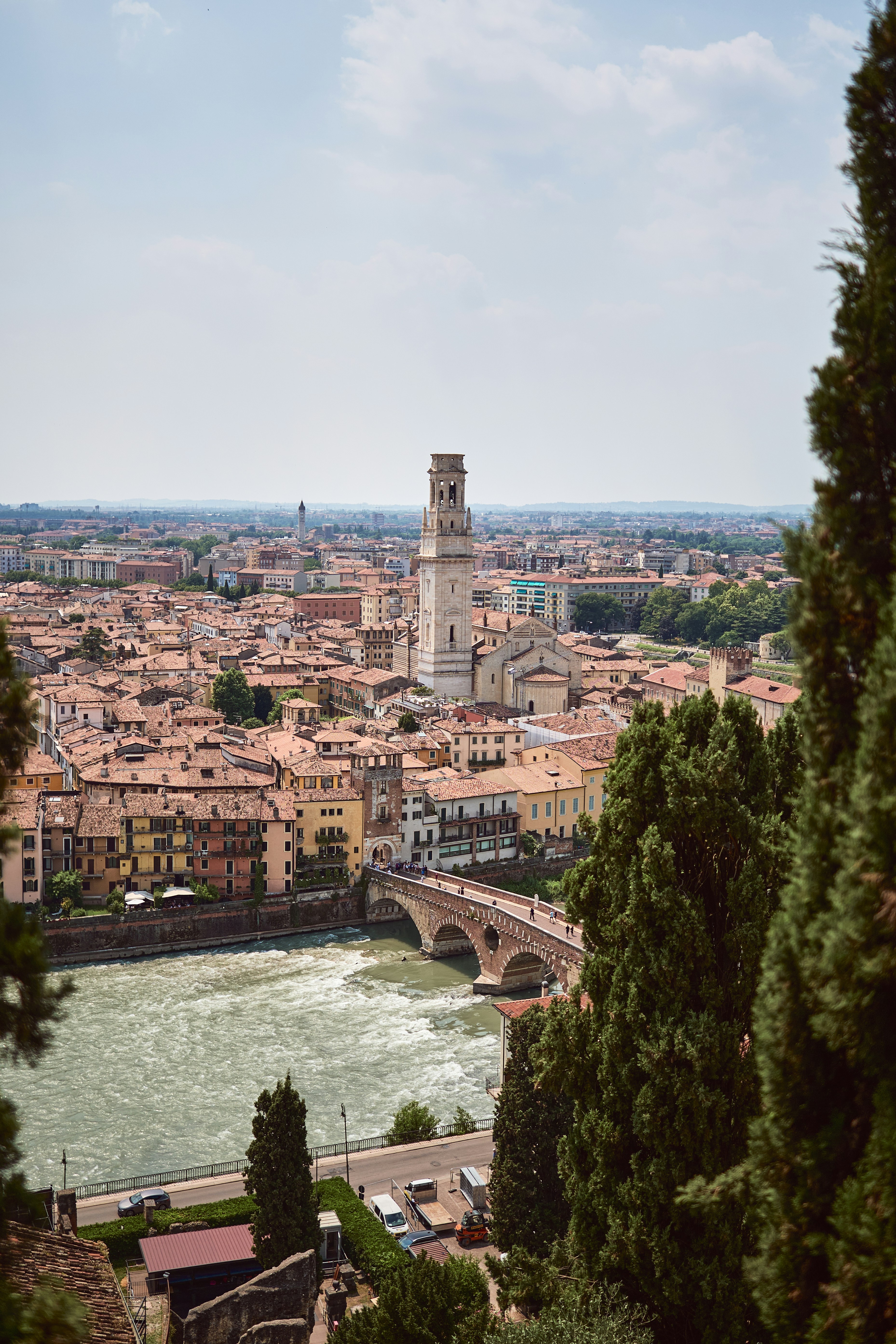 Verona, italy, seen from above with a bridge.