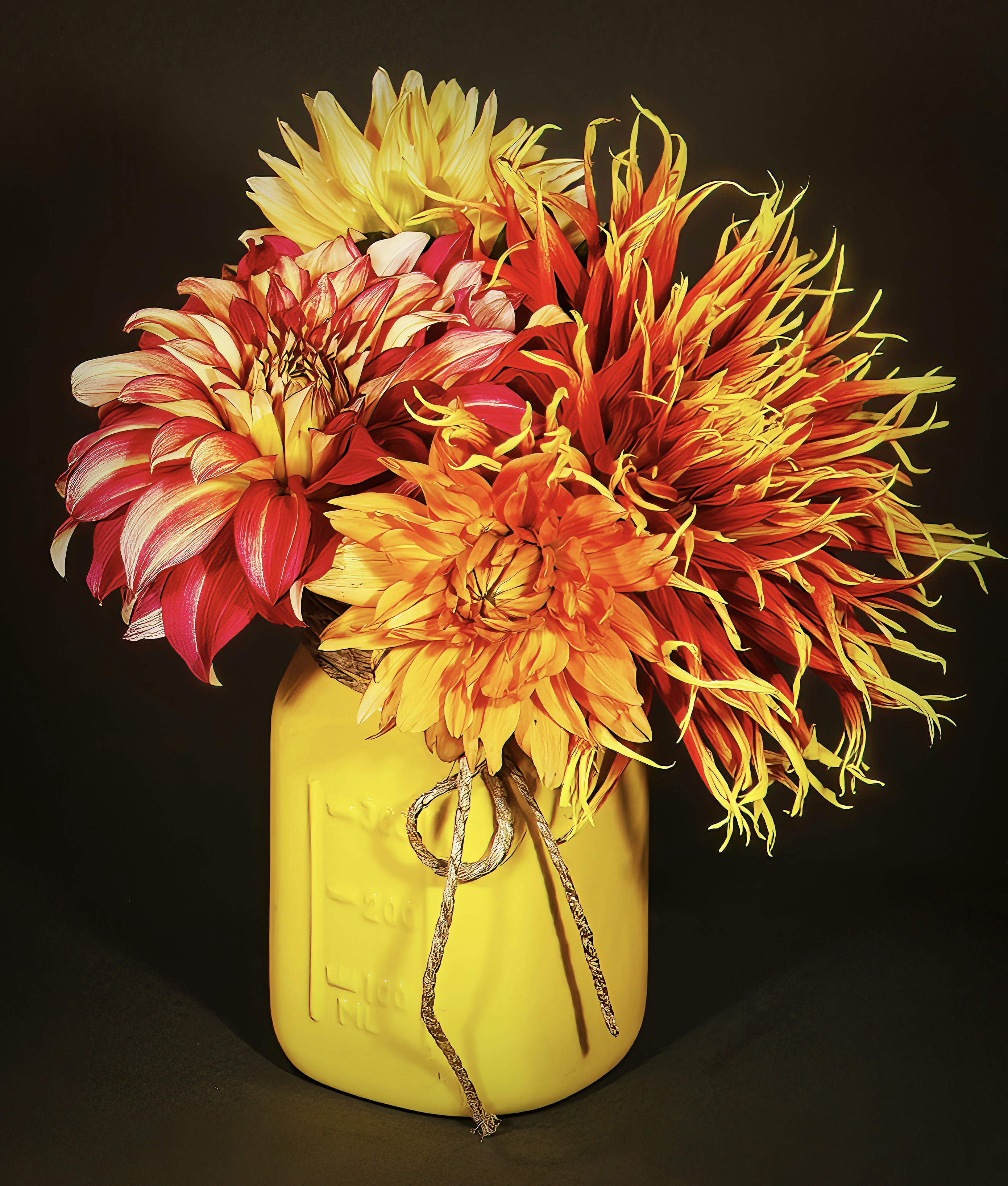 Sunburst Dahlias in a Yellow Mason Jar