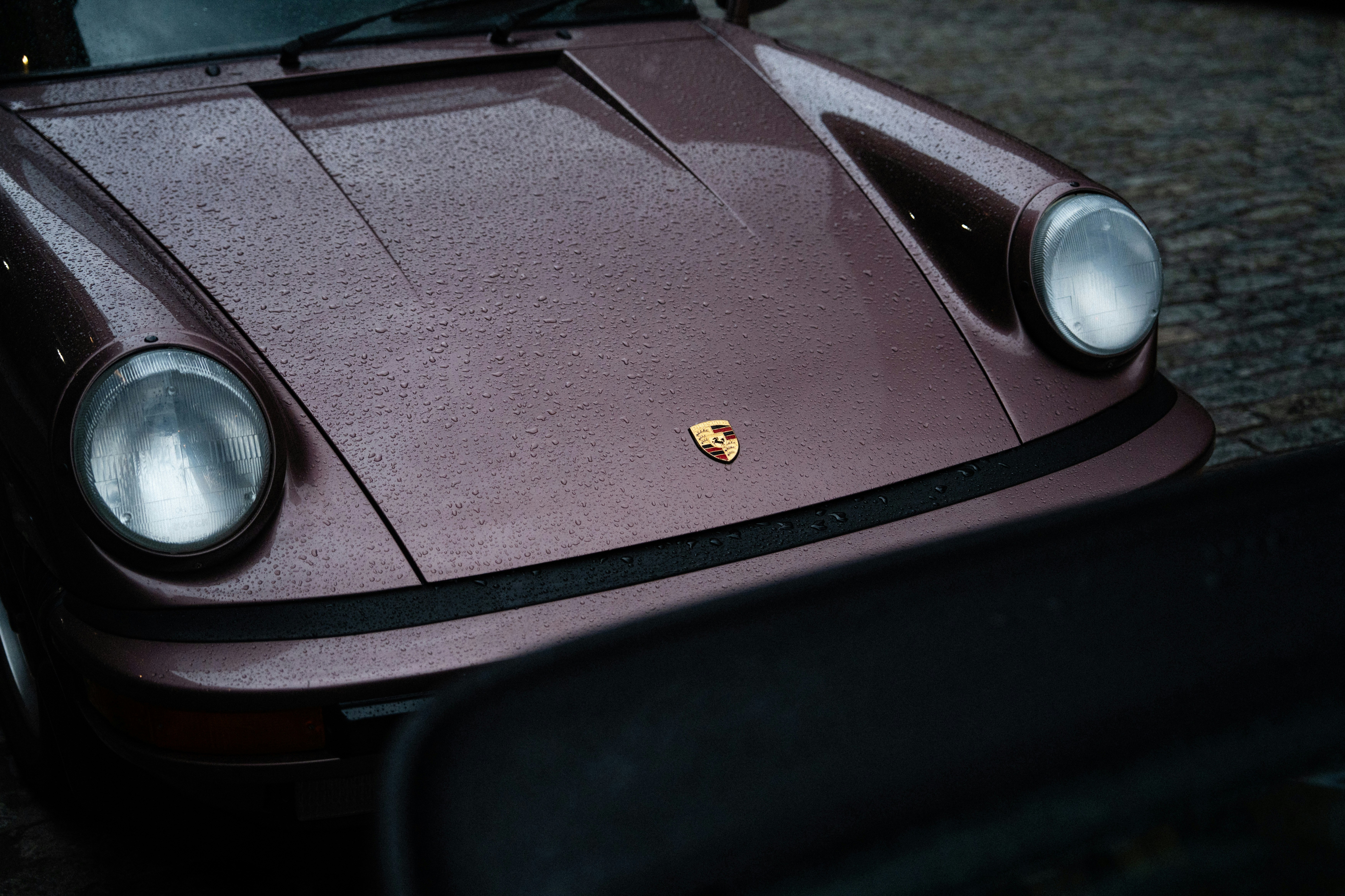 Rain-Kissed Mauve Porsche: Crest at Center Stage