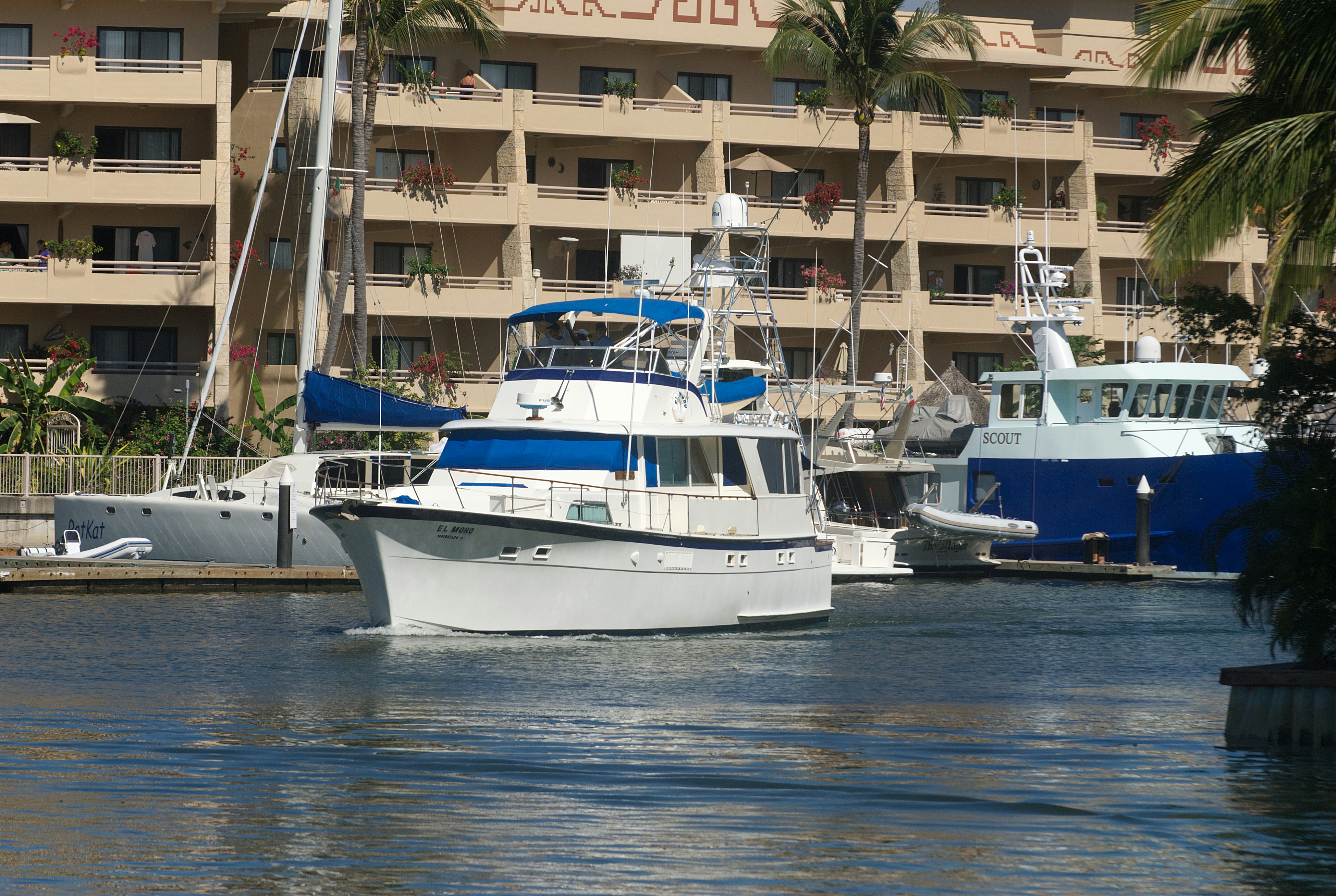 Harbor Crown: A White Motorboat Surrounded by Calm Water and Palm-Fringed Balconies