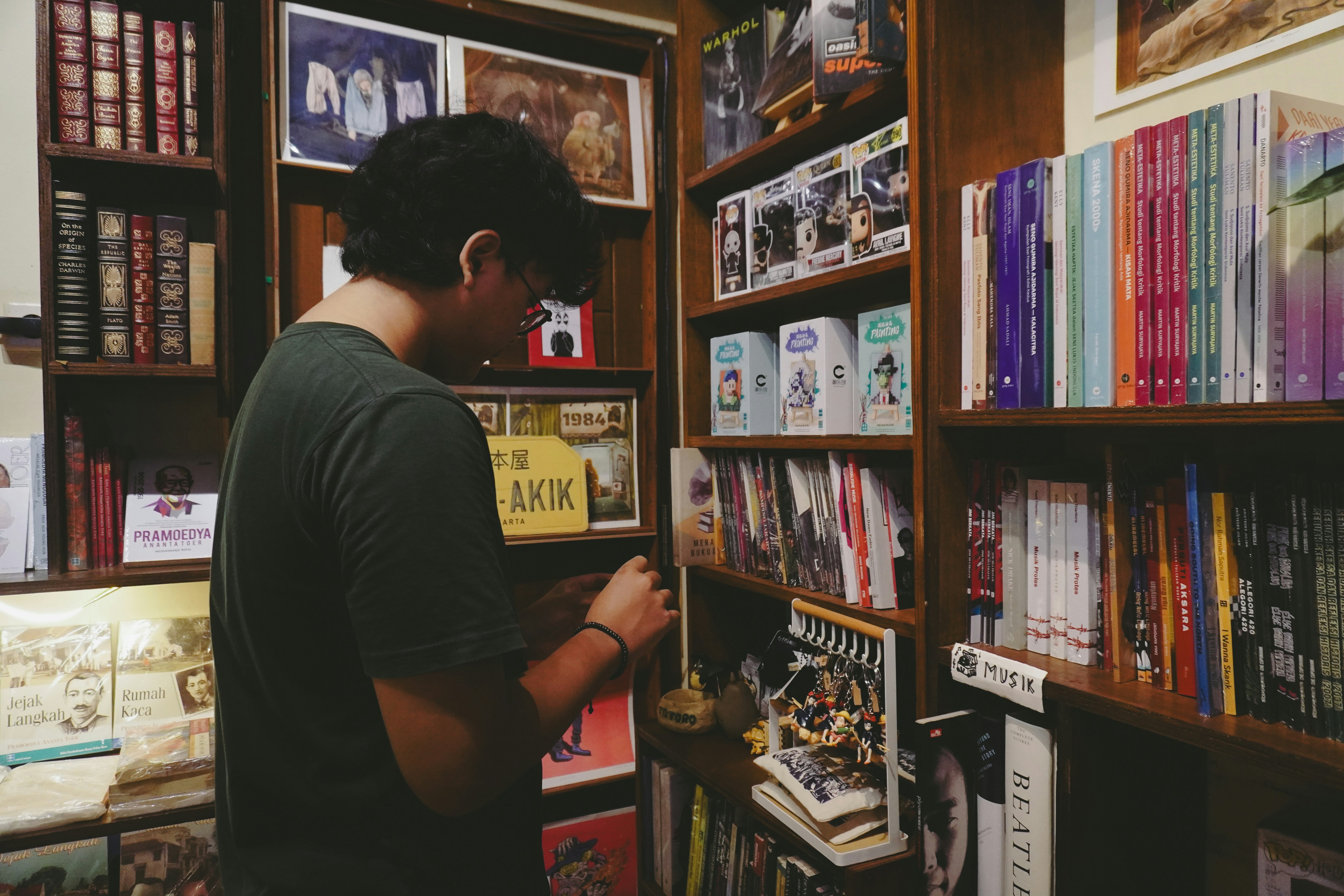 A person browses bookshelves in a cozy bookstore. photo – Free Books ...