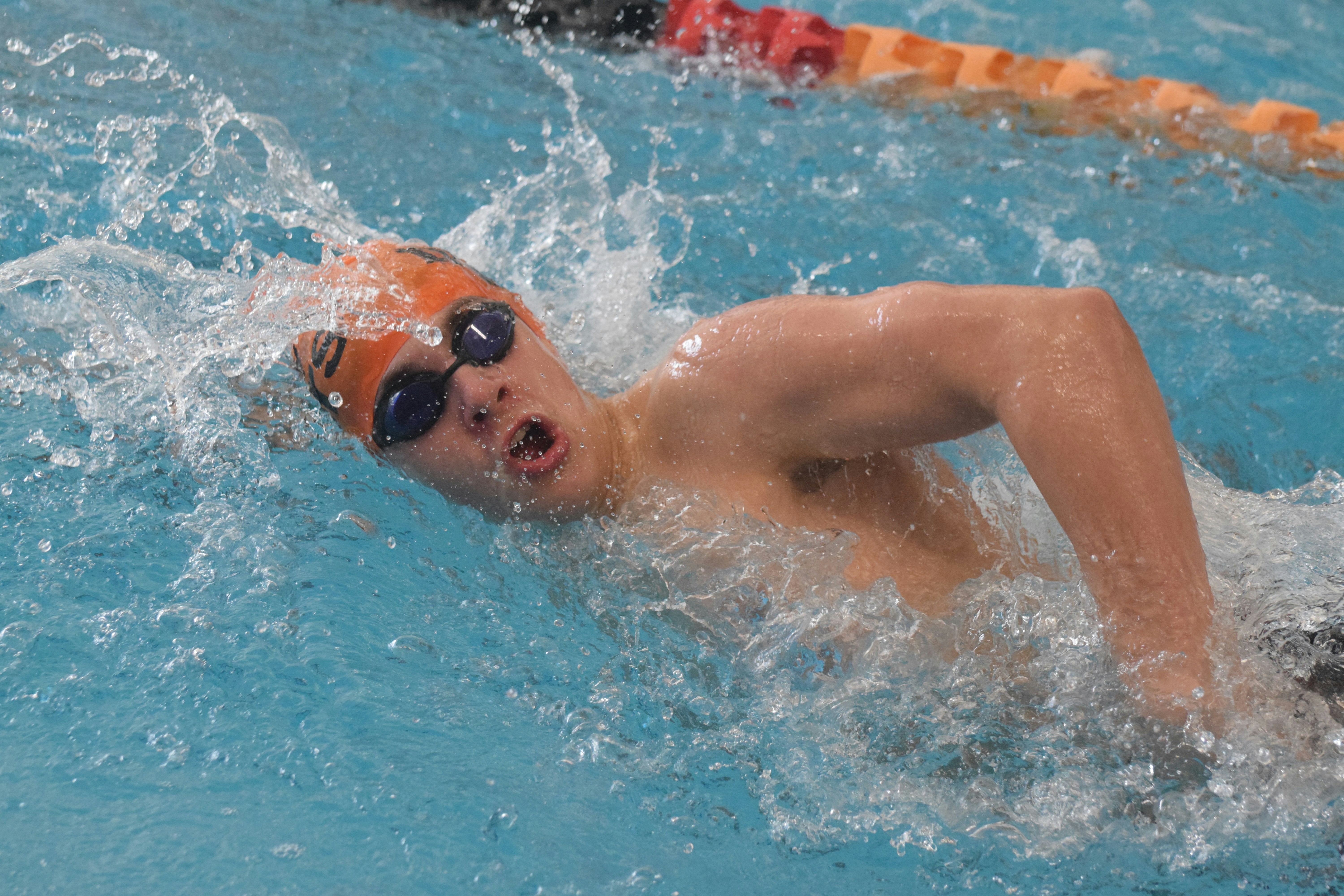 A swimmer is performing the freestyle stroke.