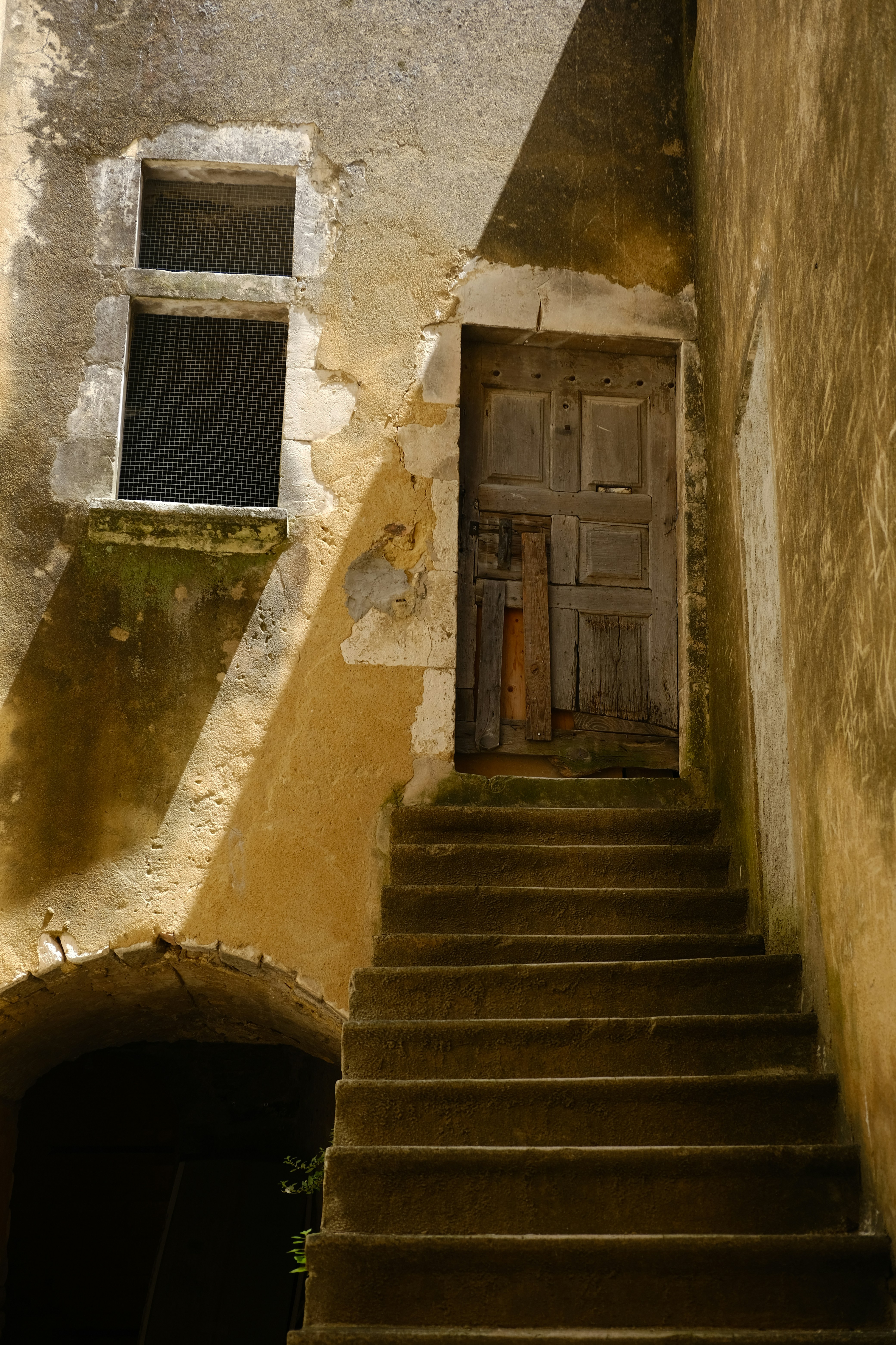 Stone stairs lead to an old door.