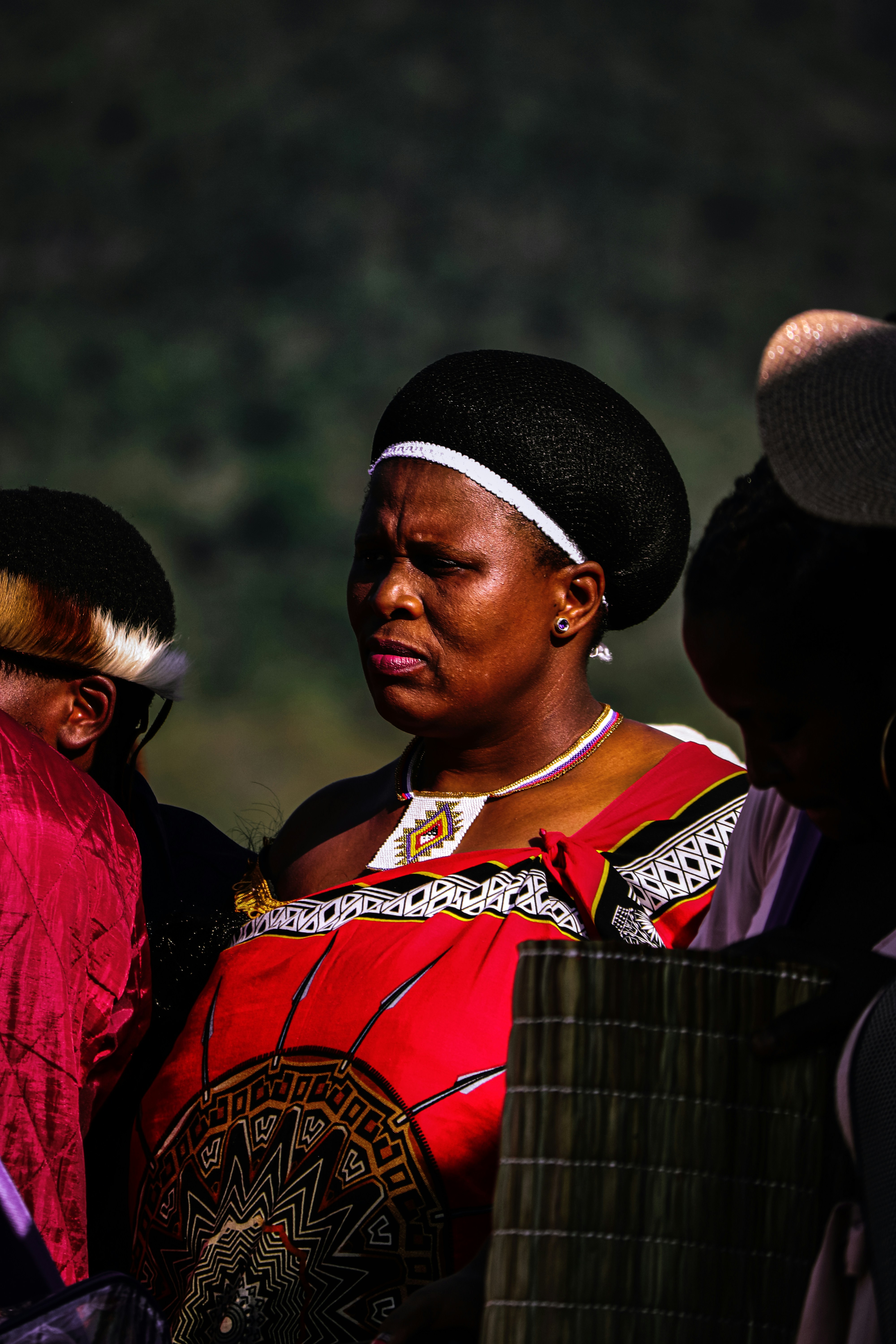 Red Geometrics and Quiet Dignity in a Sunlit Gathering