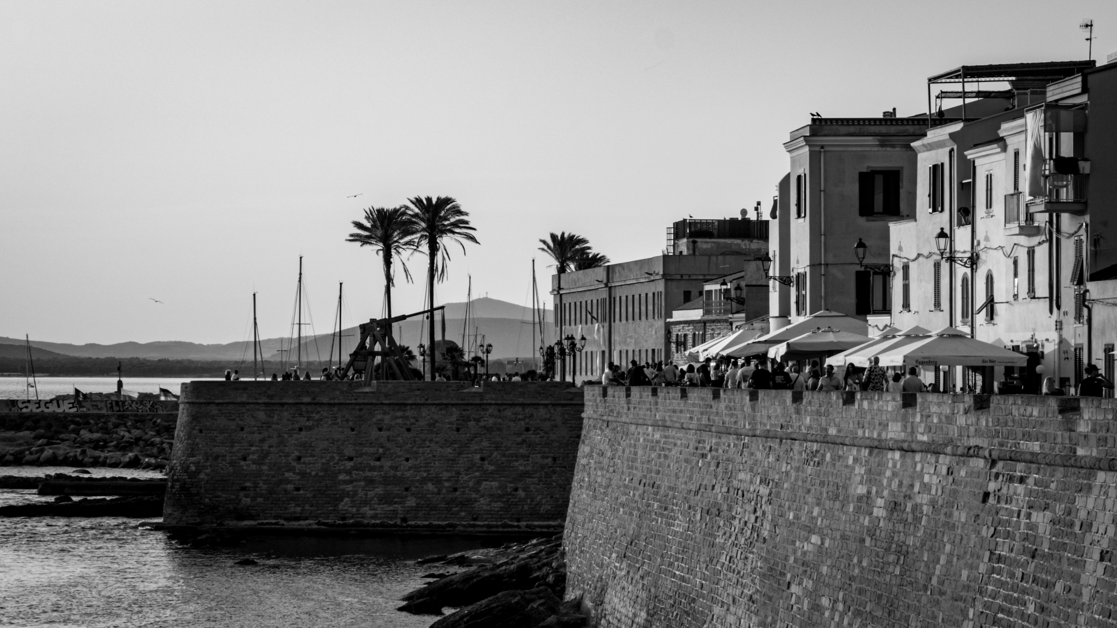 Old city buildings line a seaside wall.
