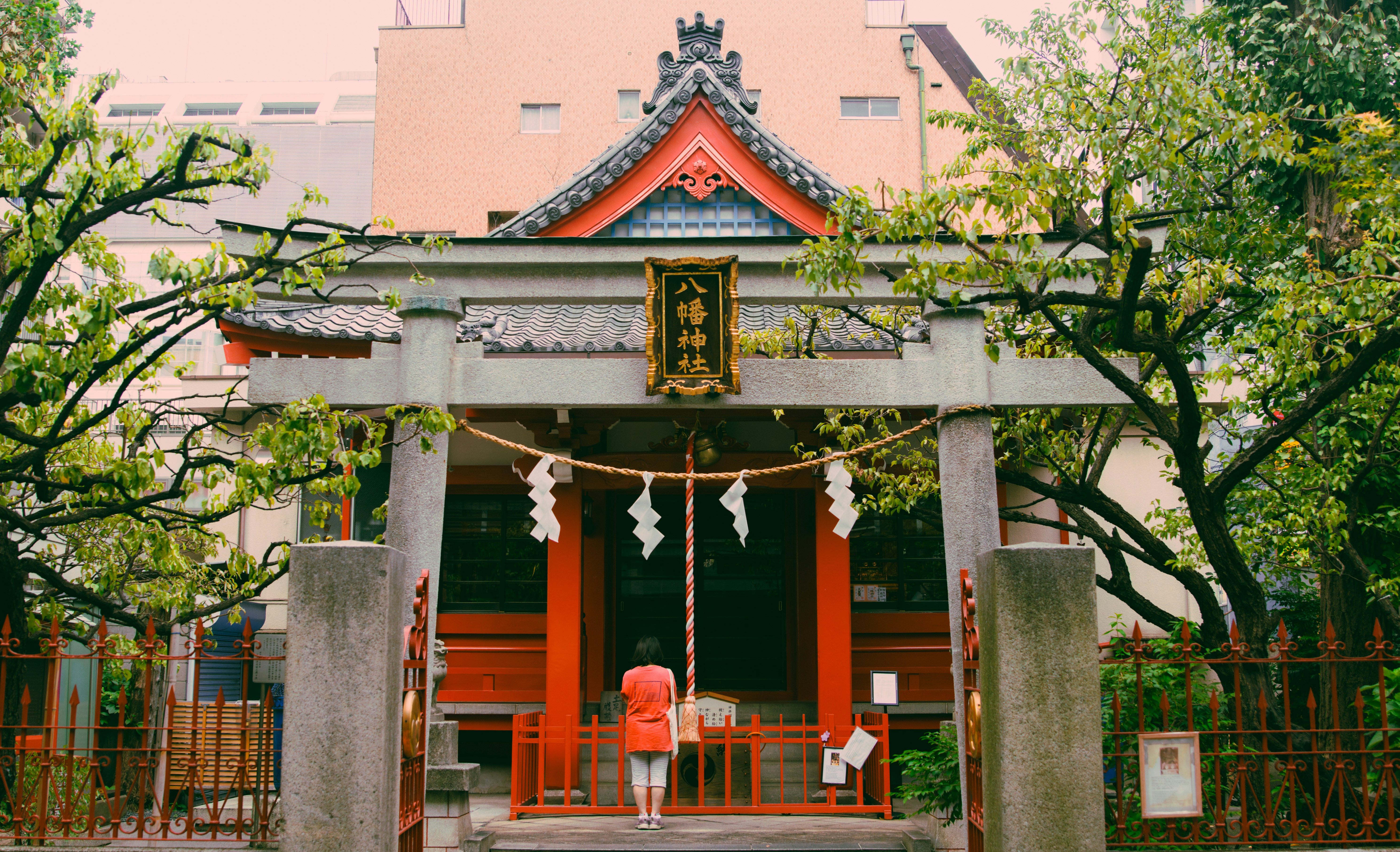 A Japanese lady praying at a hidden temple in the back streets of Tokyo. | A person stands before a japanese temple.
