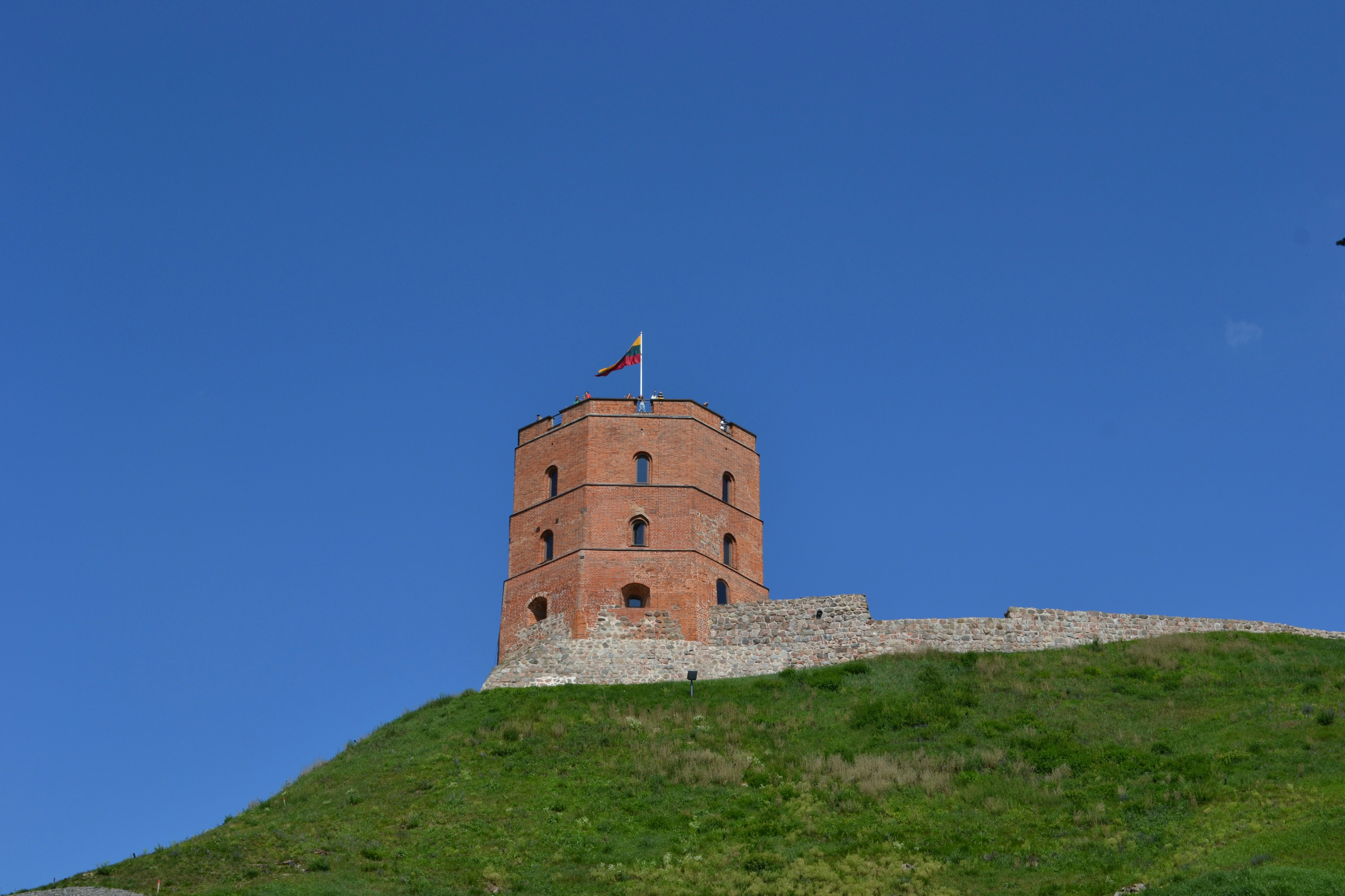 Gediminas' tower sits atop a green hill.