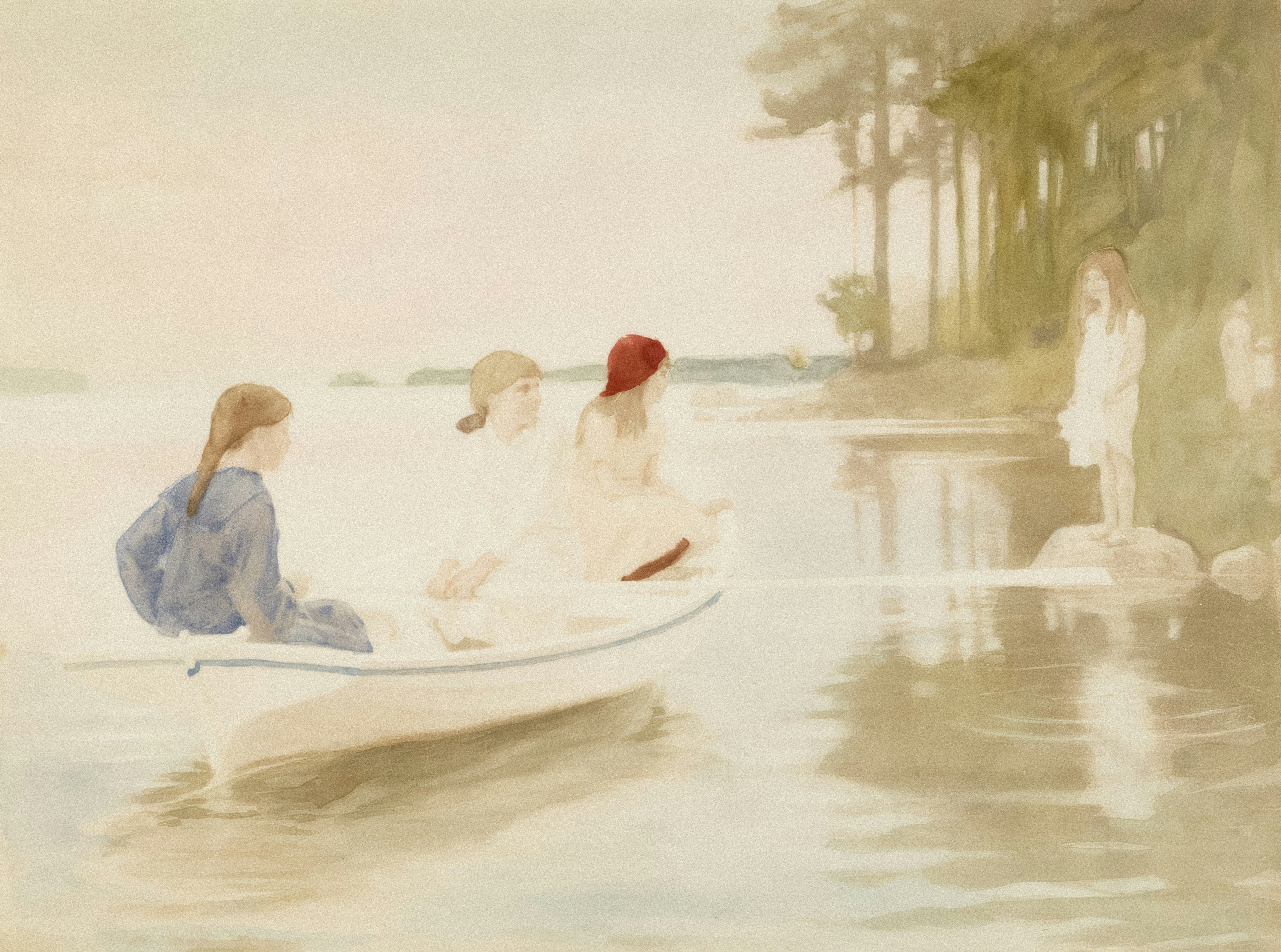 Girls in a boat approach a girl on the shore. photo – Free Art Image on ...