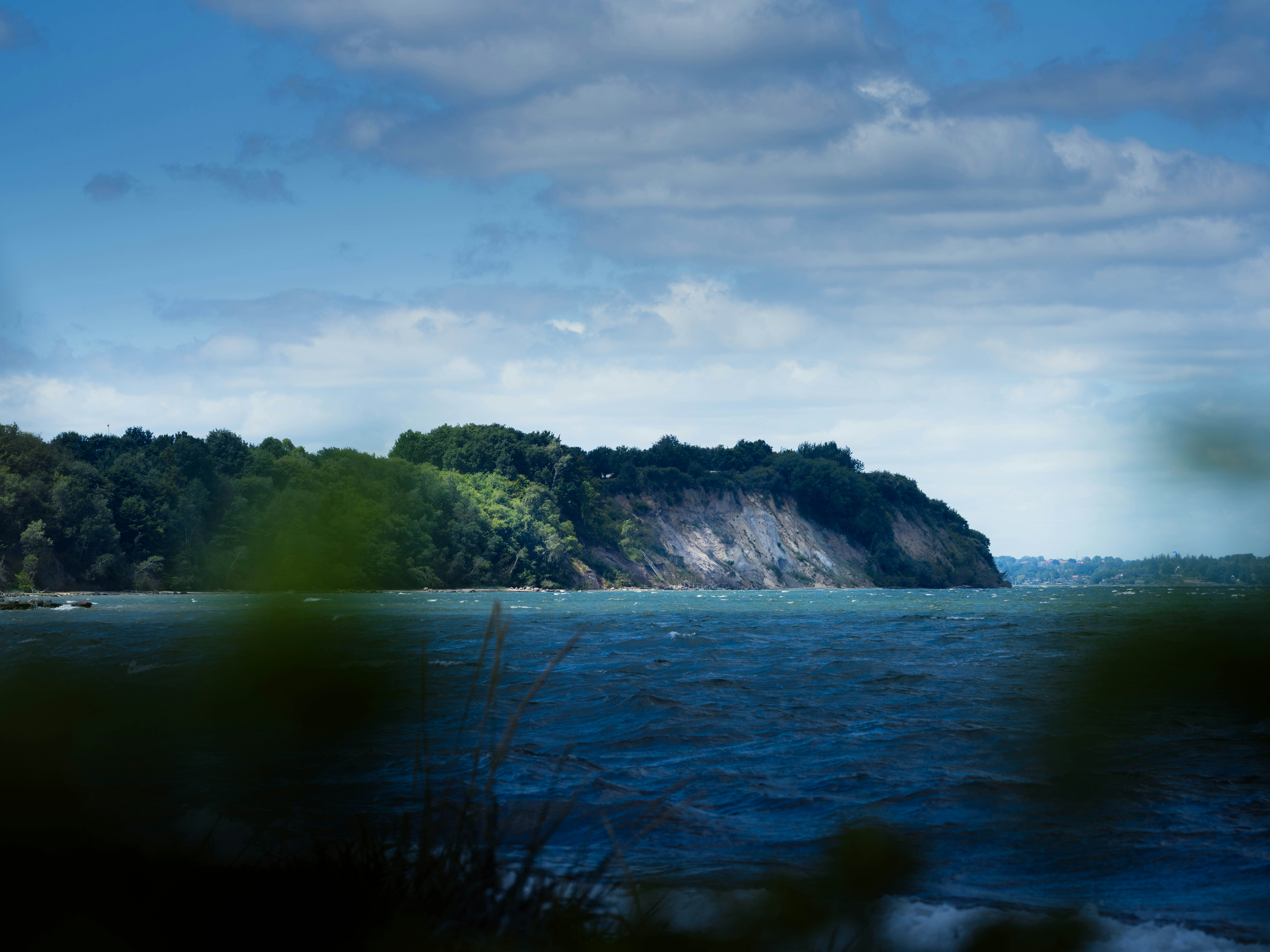 Cliffside landscape overlooking a vibrant blue sea, framed by lush greenery. The scene captures the tranquility of coastal life.