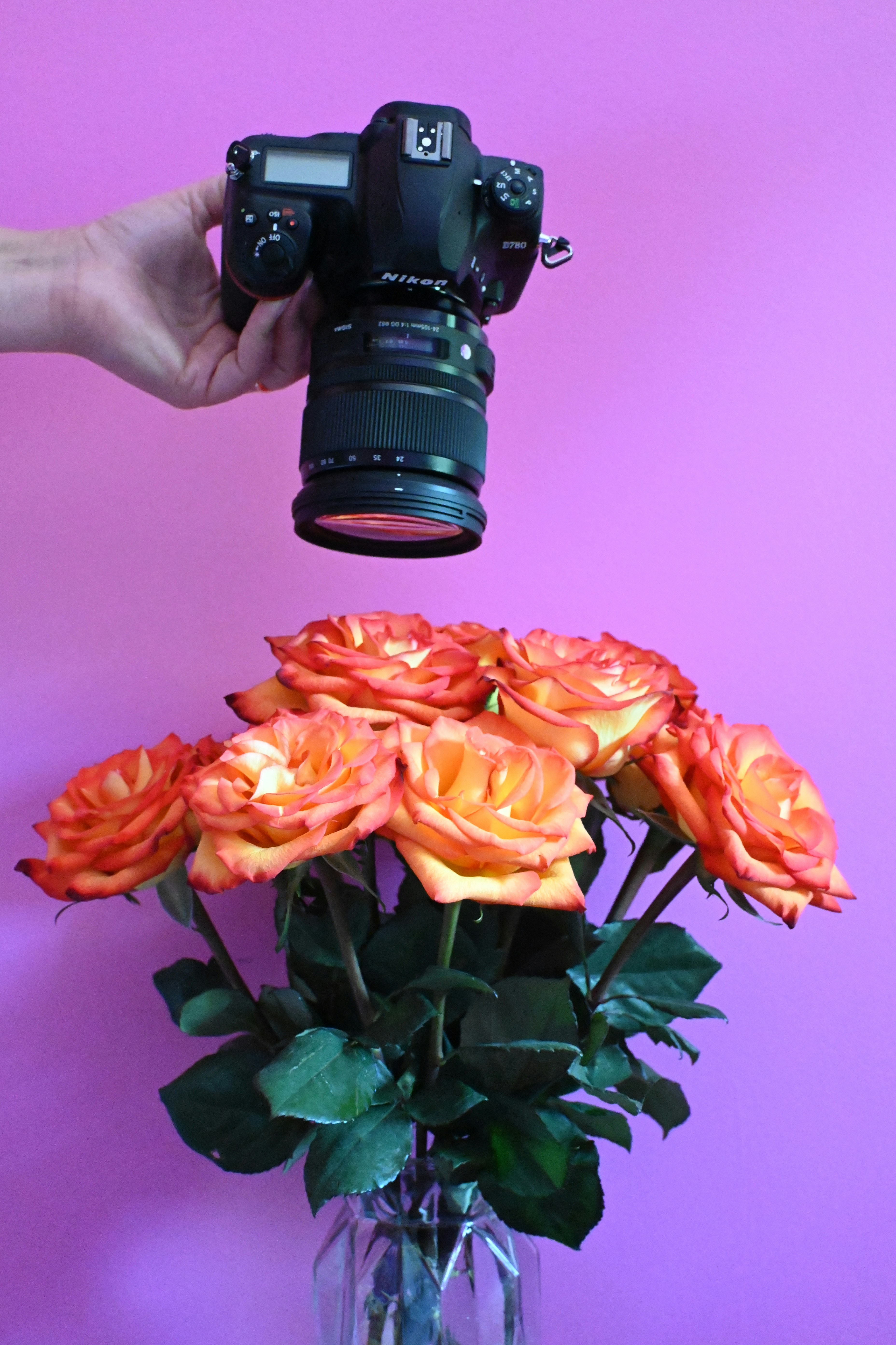 Camera photographing a bouquet of orange roses.