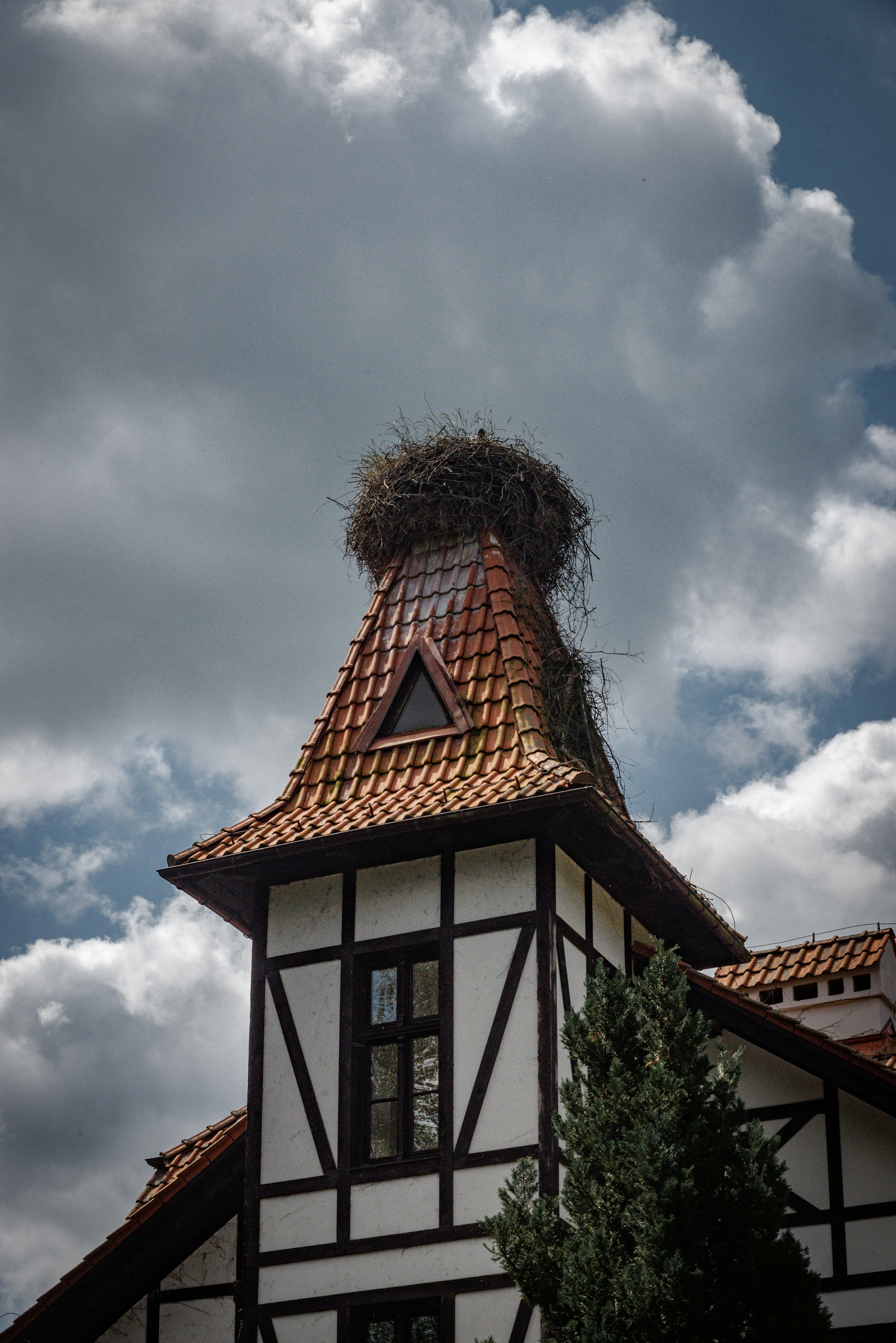 Traditional half-timbered house with a distinctive roof featuring a large bird's nest atop, set against a backdrop of dramatic clouds.