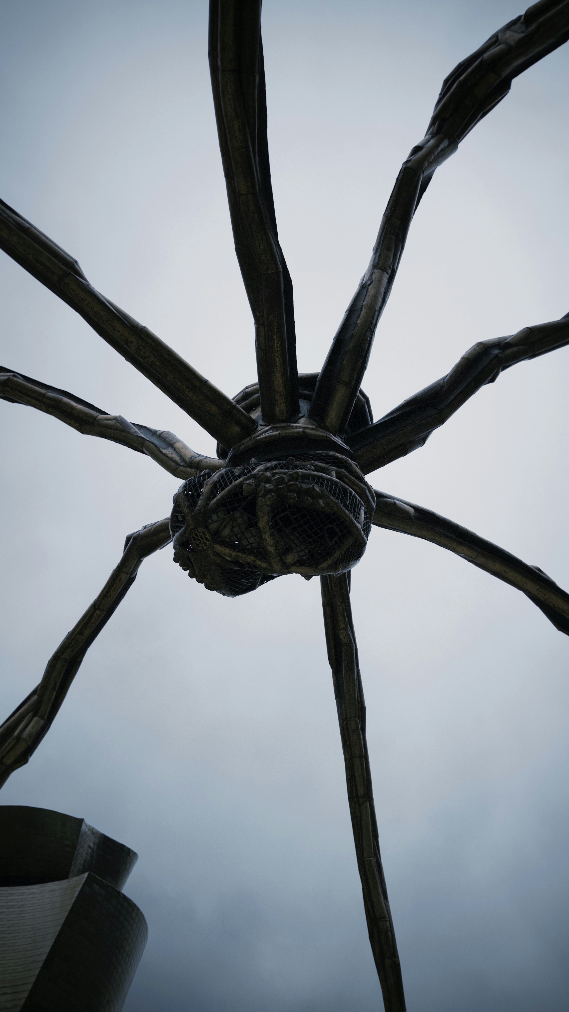 Convergence of Steel: the Spider's Central Hub Under a Cloudy Sky