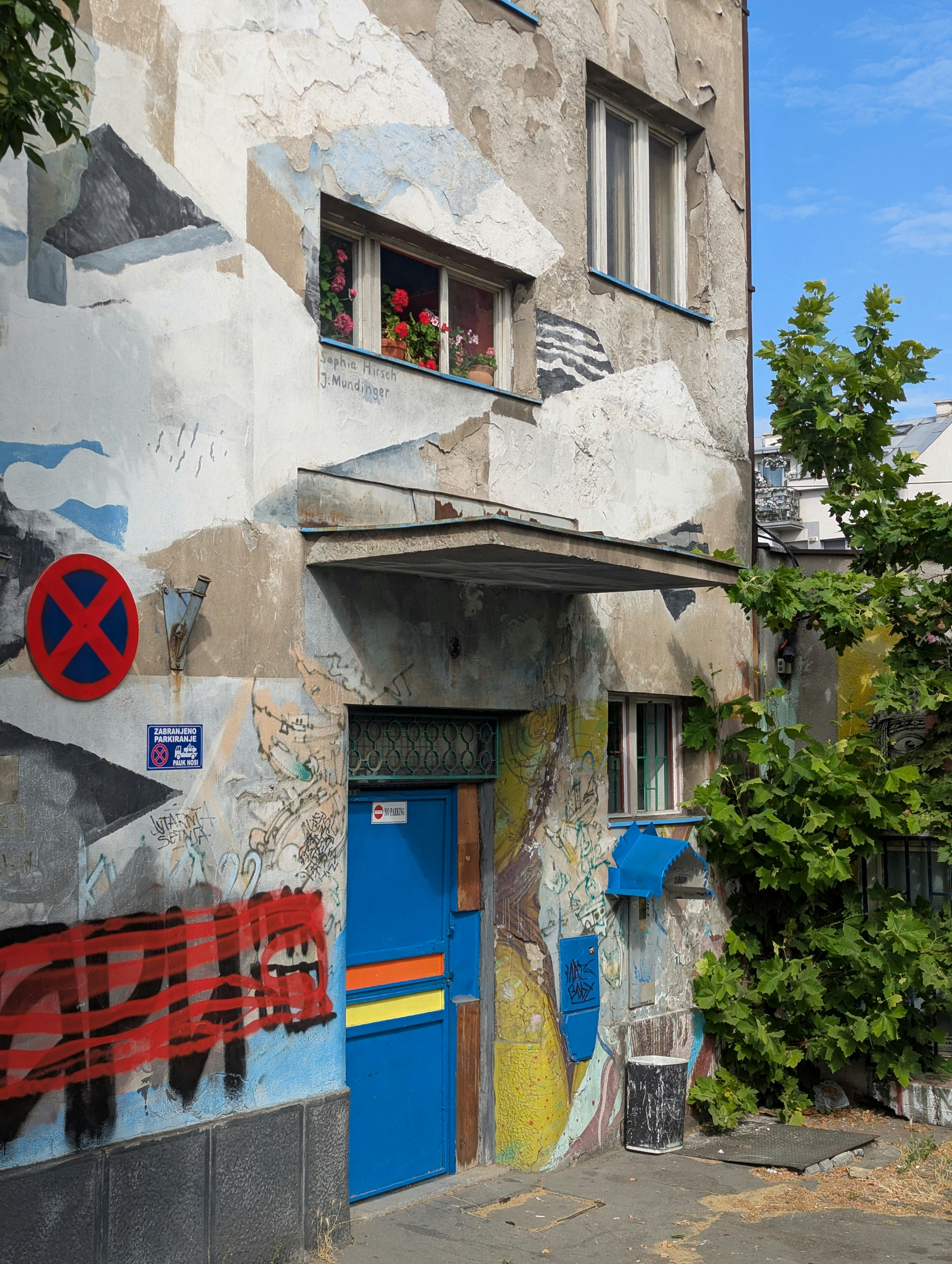 Vibrant street art adorns an aged building, showcasing a blend of graffiti and floral decorations. The contrasting colors and textures tell a narrative of urban life.