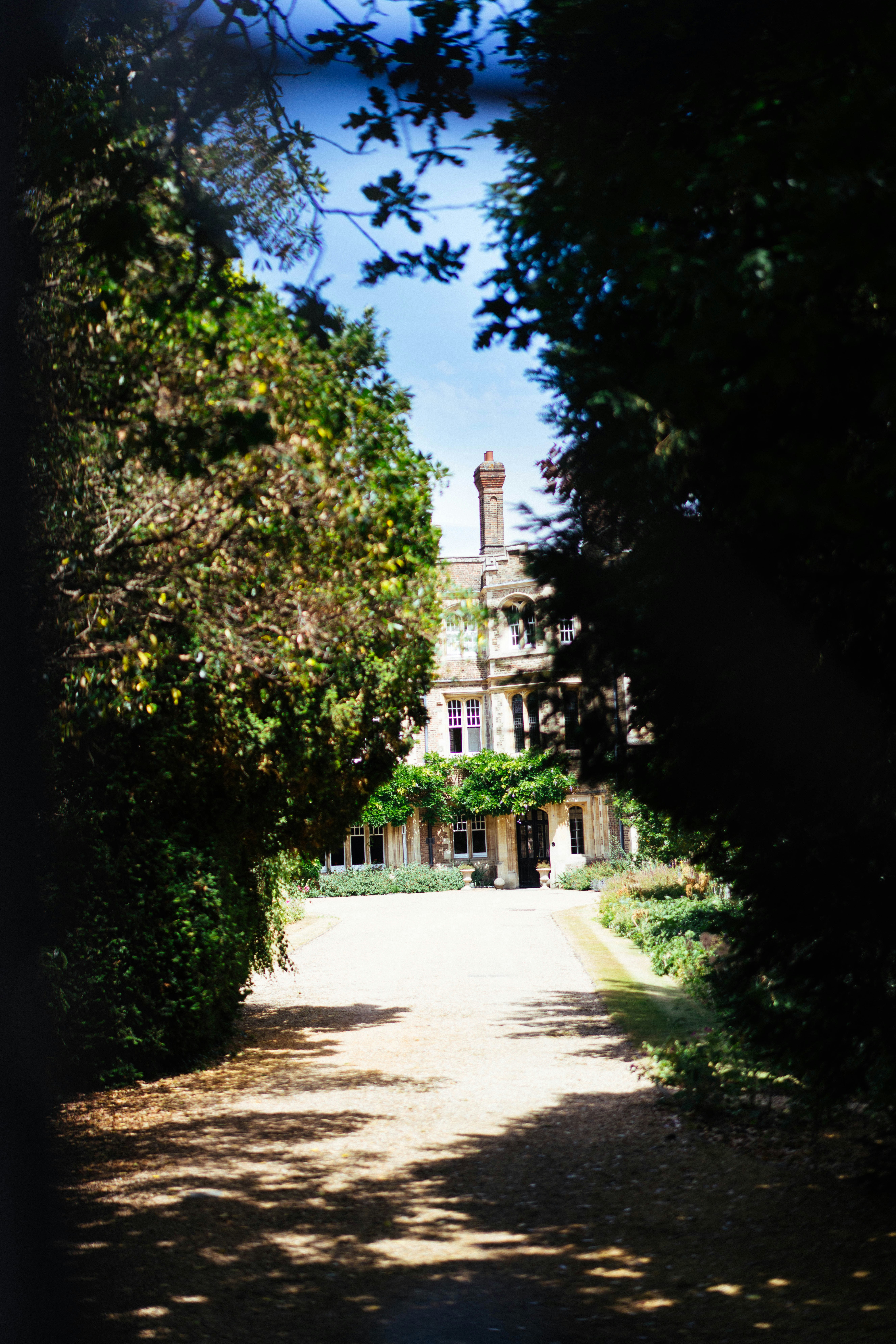 A grand estate is framed by lush greenery.