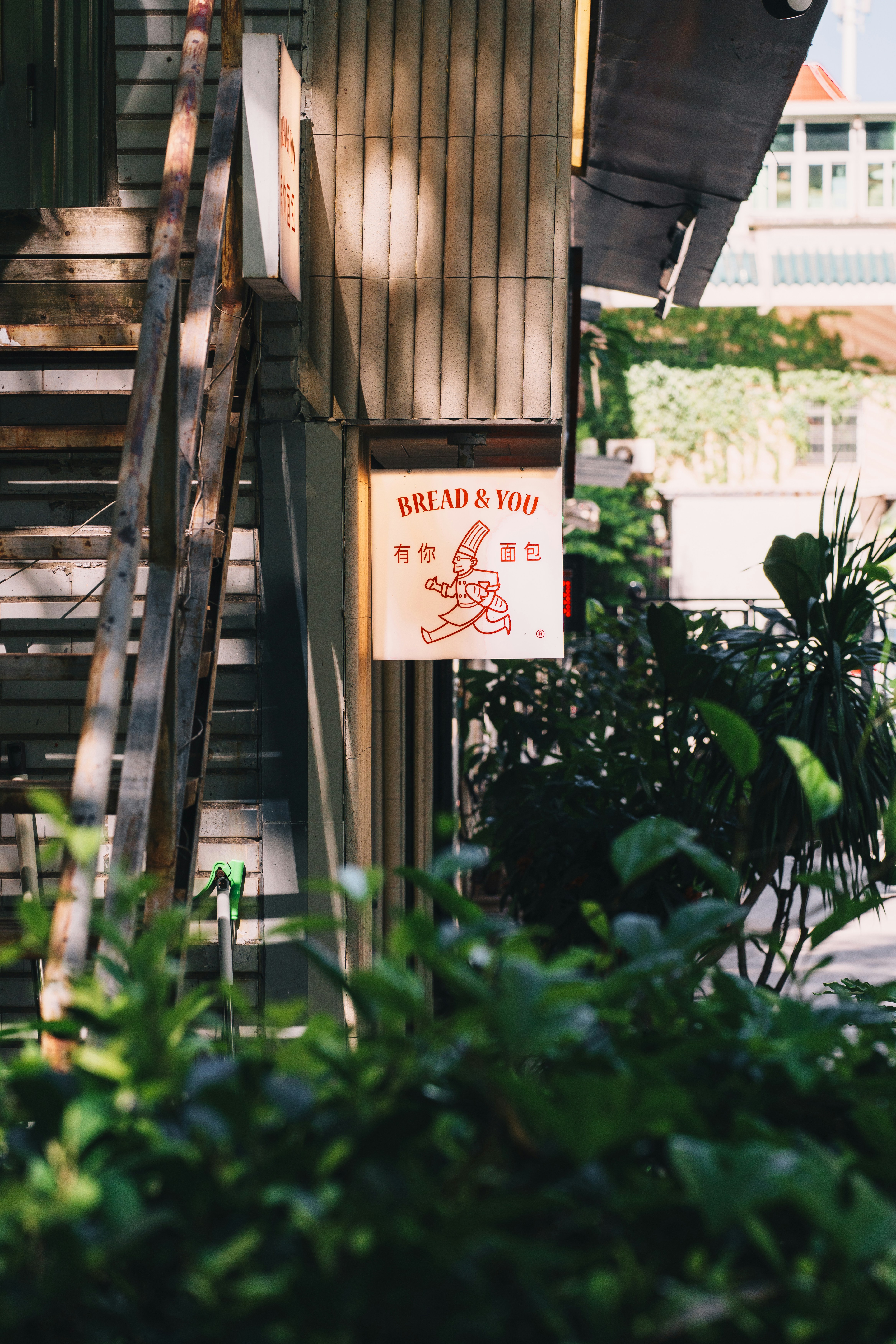 A charming bakery sign reading 'BREAD & YOU' hangs amidst lush greenery and urban architecture, inviting passersby to indulge in baked delights.