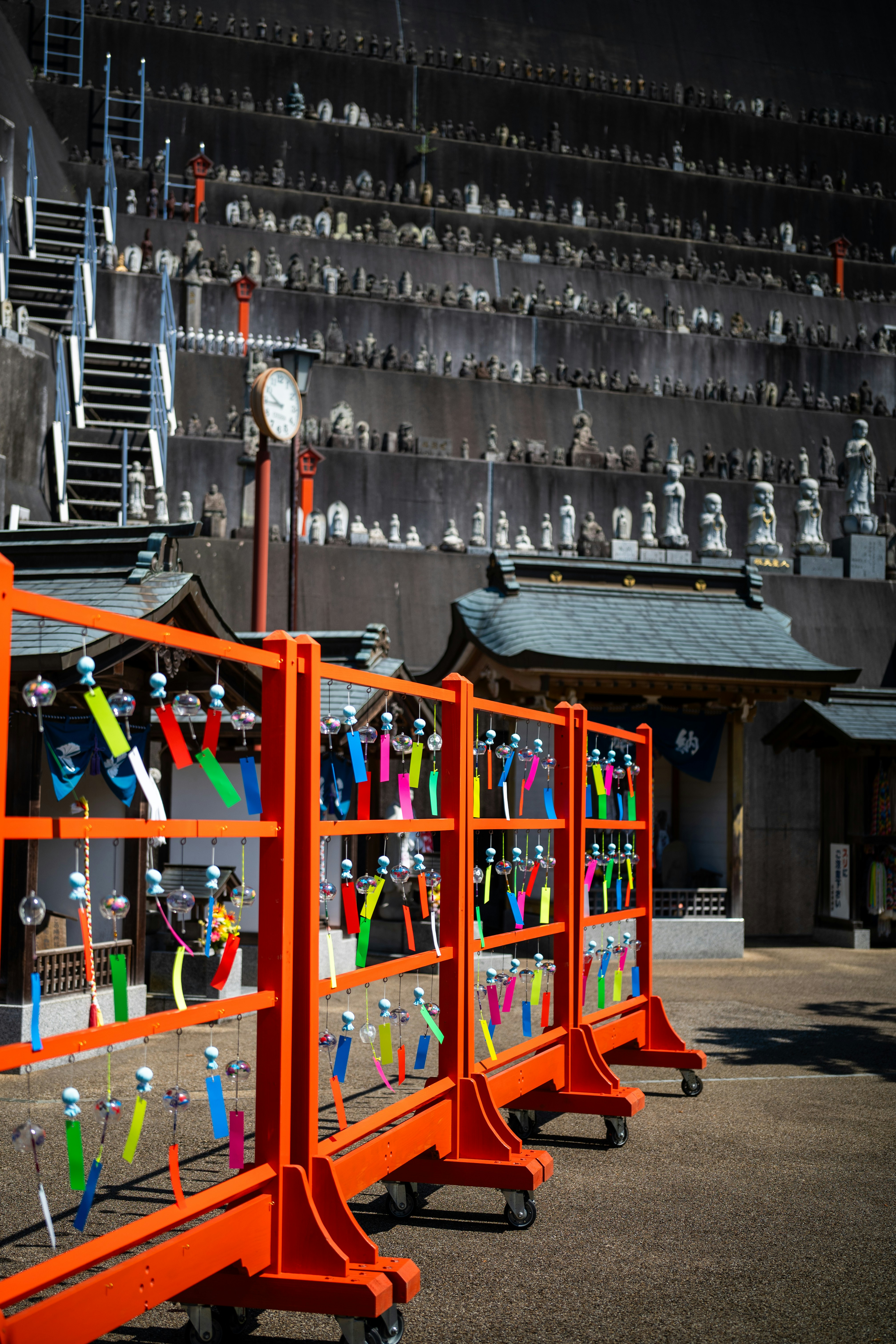 Colorful Wind Chimes Guarding a Temple: Orange Barriers in a Courtyard