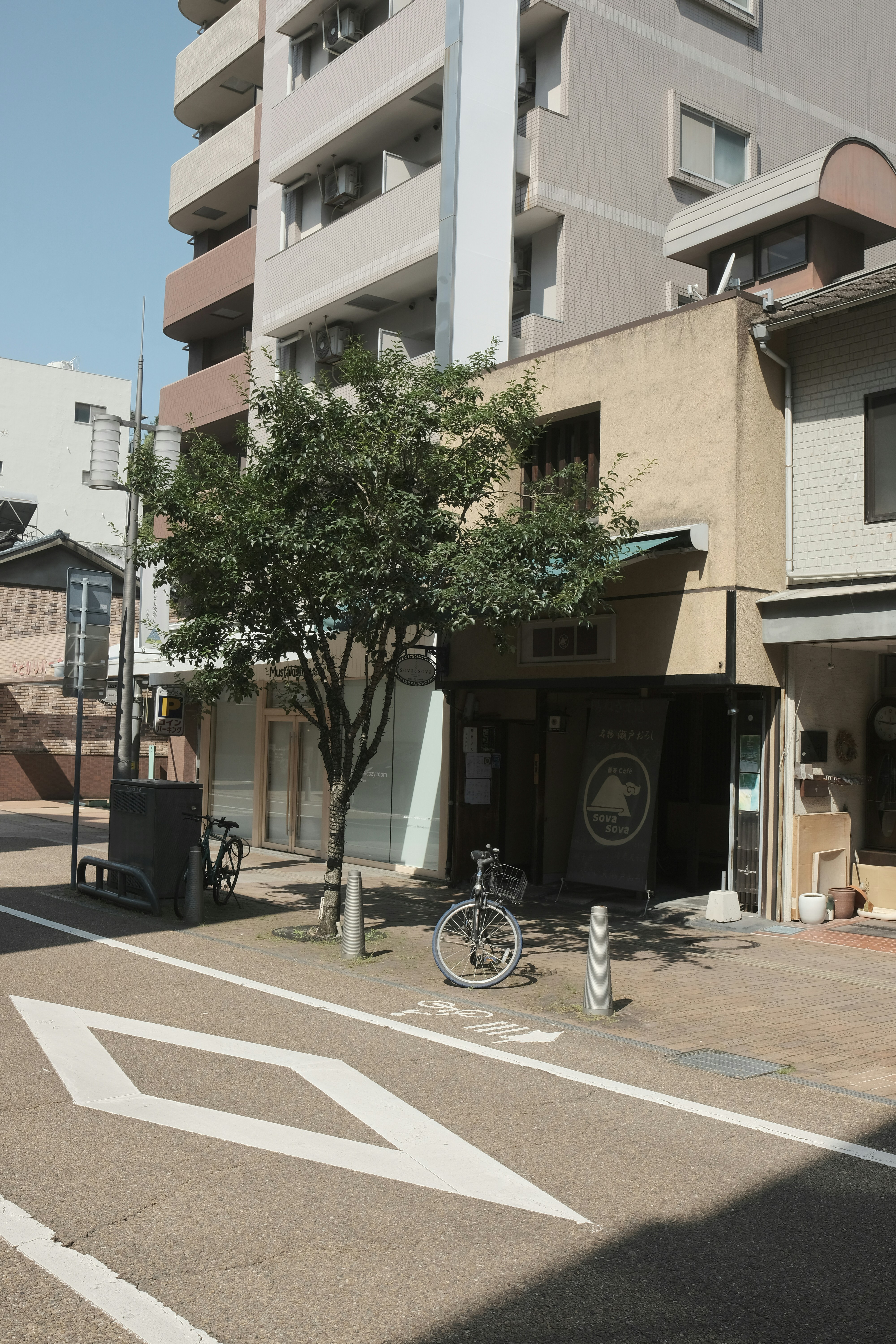 A street view shows buildings and a tree.