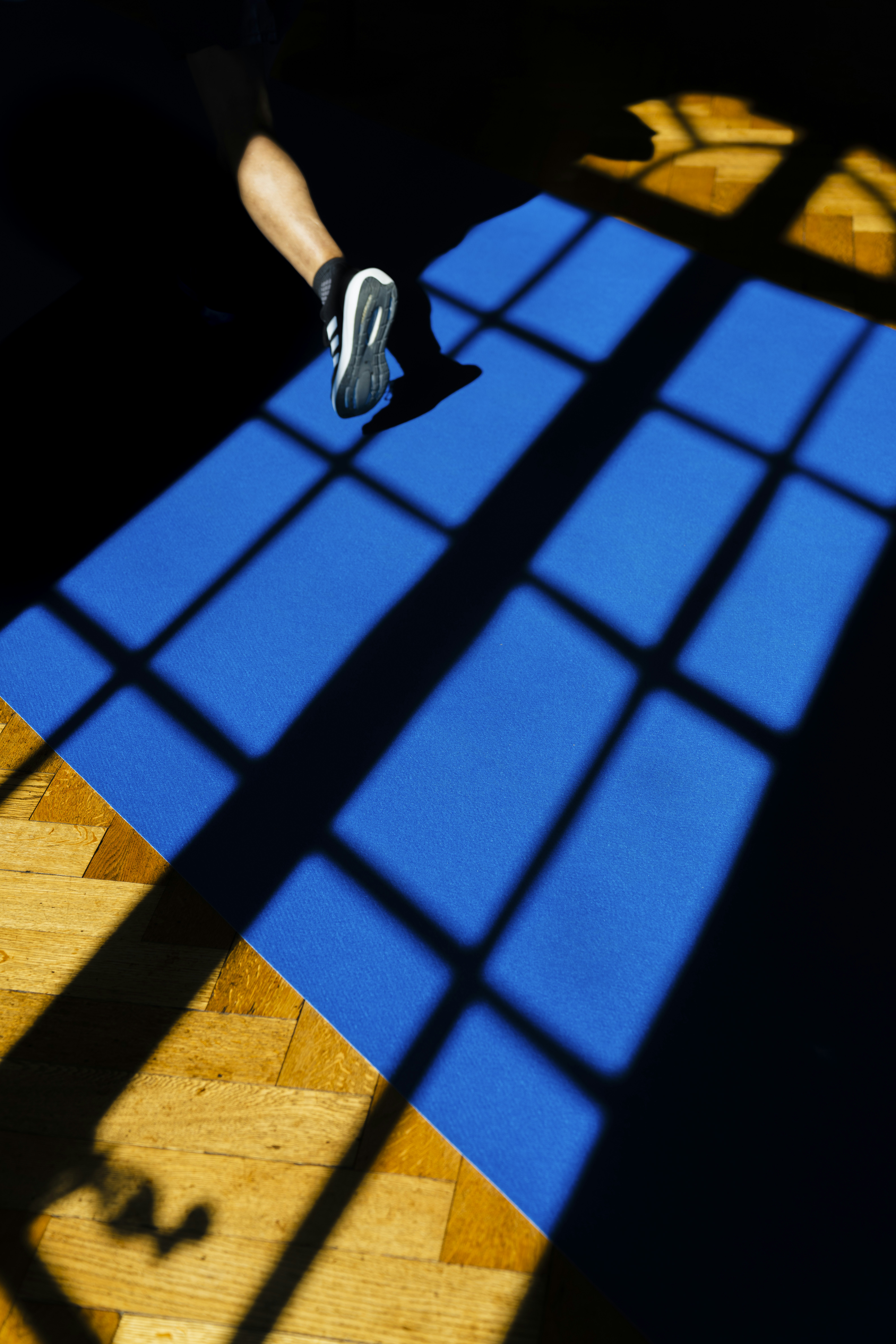 Shadows of a window fall on a running leg.