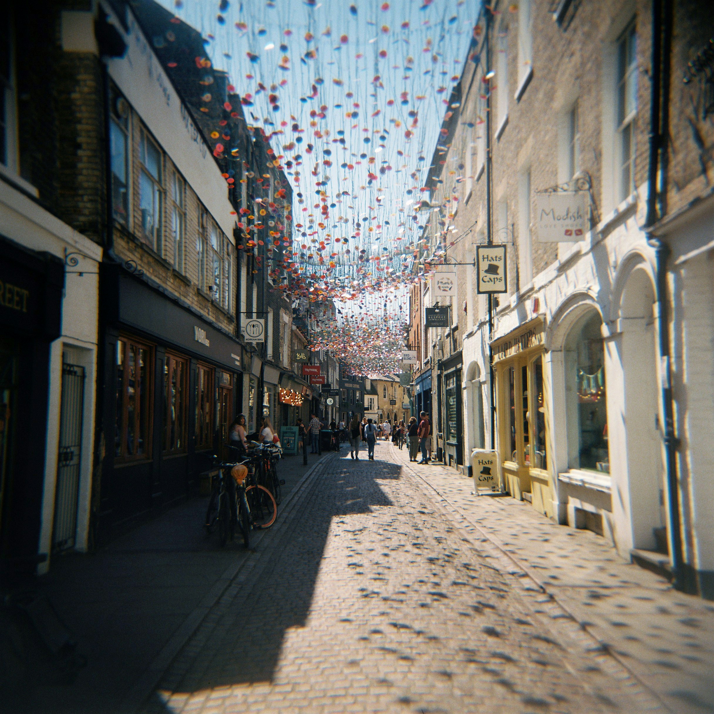 Street with overhead decorations and shops. photo – Free Education ...