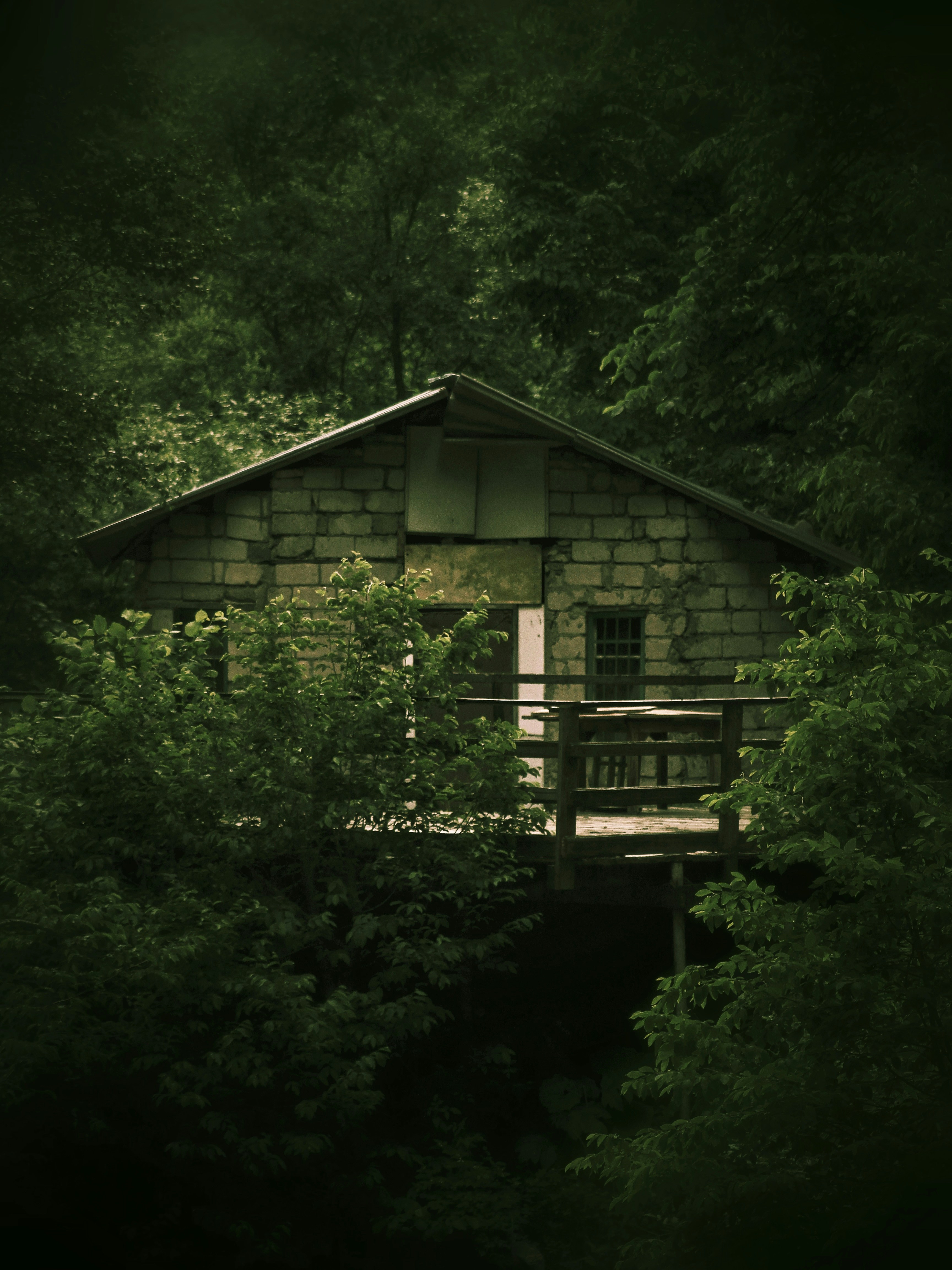 A rustic stone cabin nestled among lush greenery, partially obscured by trees, evoking a sense of mystery and solitude.