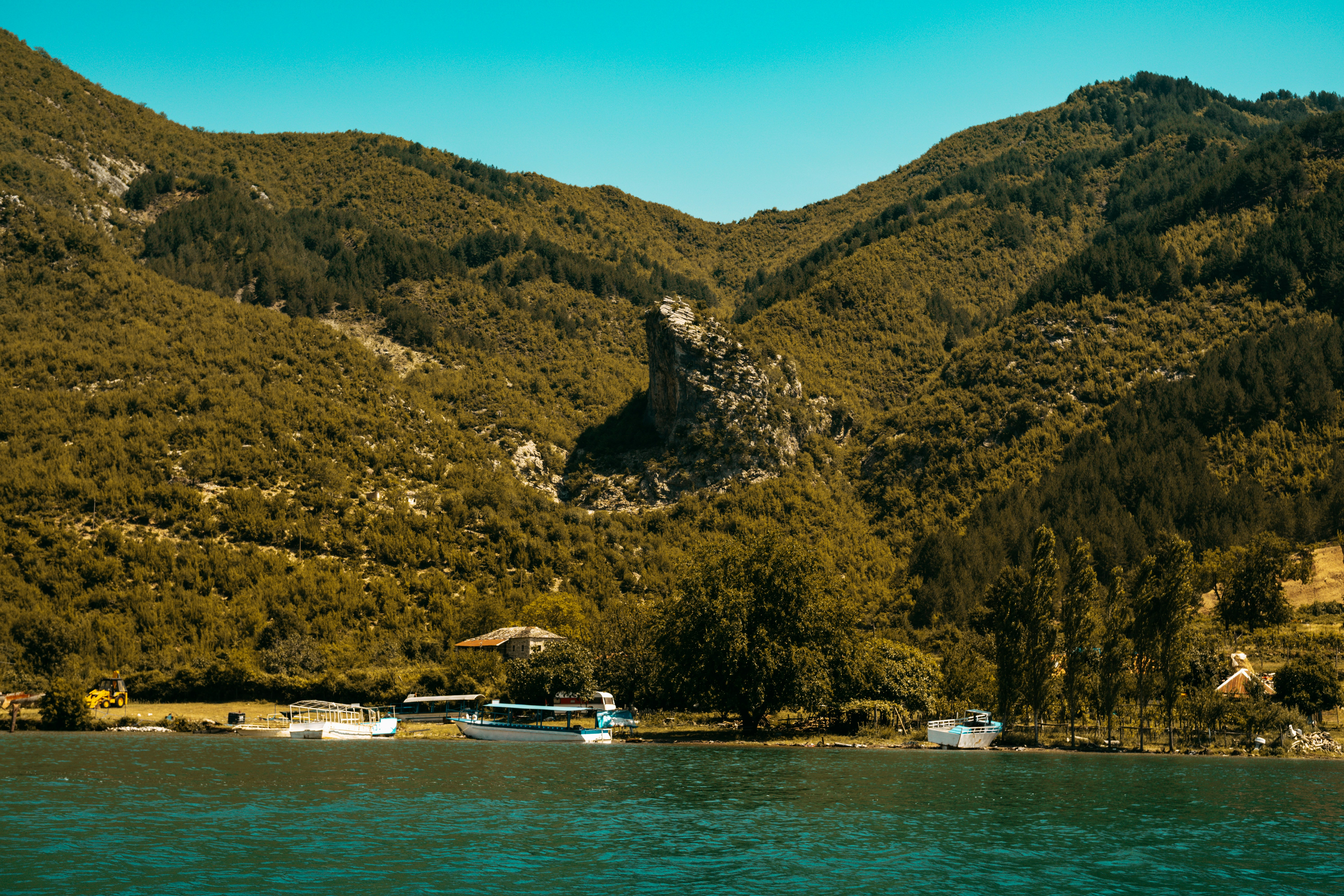 Lush green hills rise majestically above a tranquil lake dotted with boats and a small homestead, embodying the essence of rural tranquility.