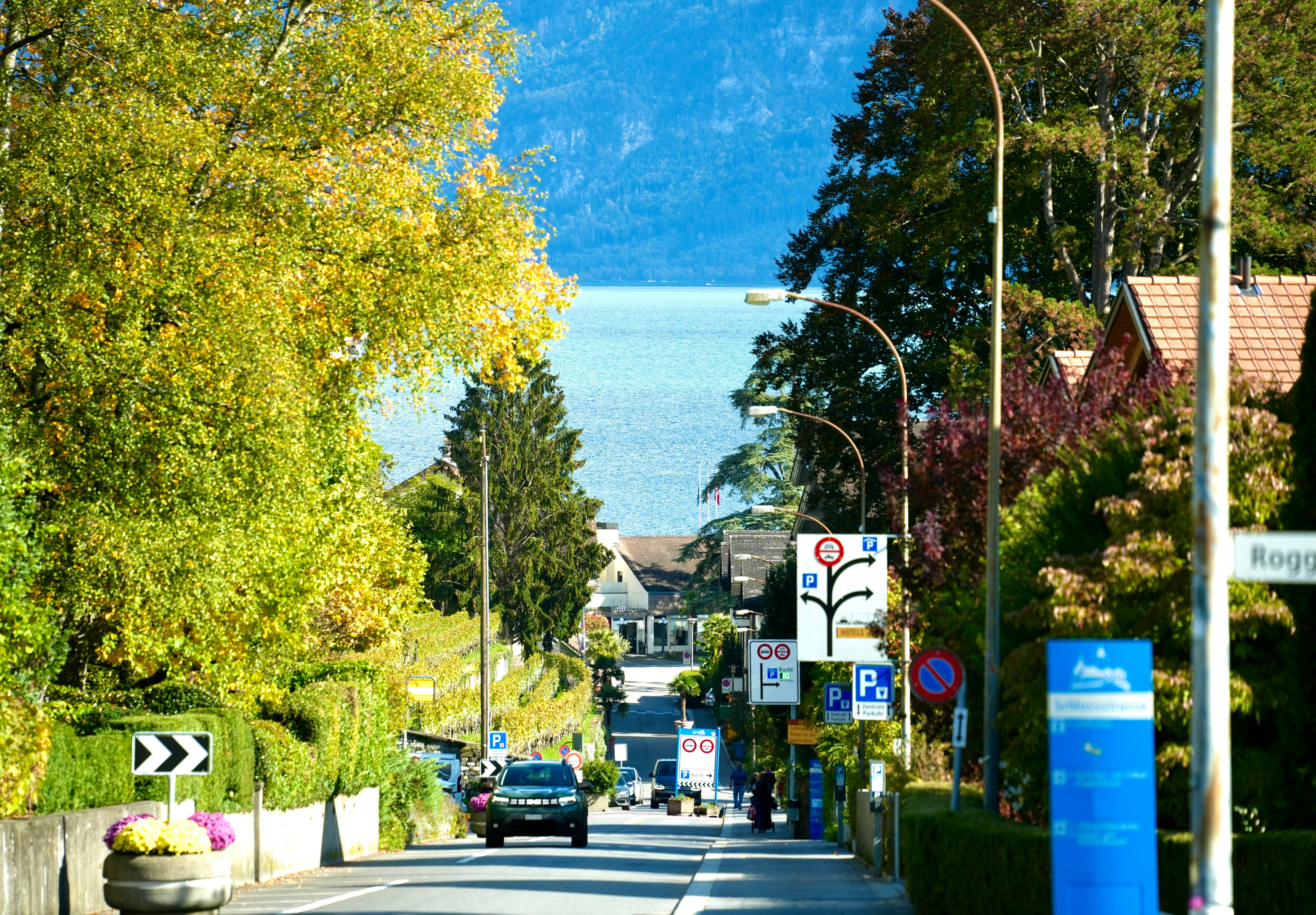 Simple symmetry | A road leads to a lake with mountains.
