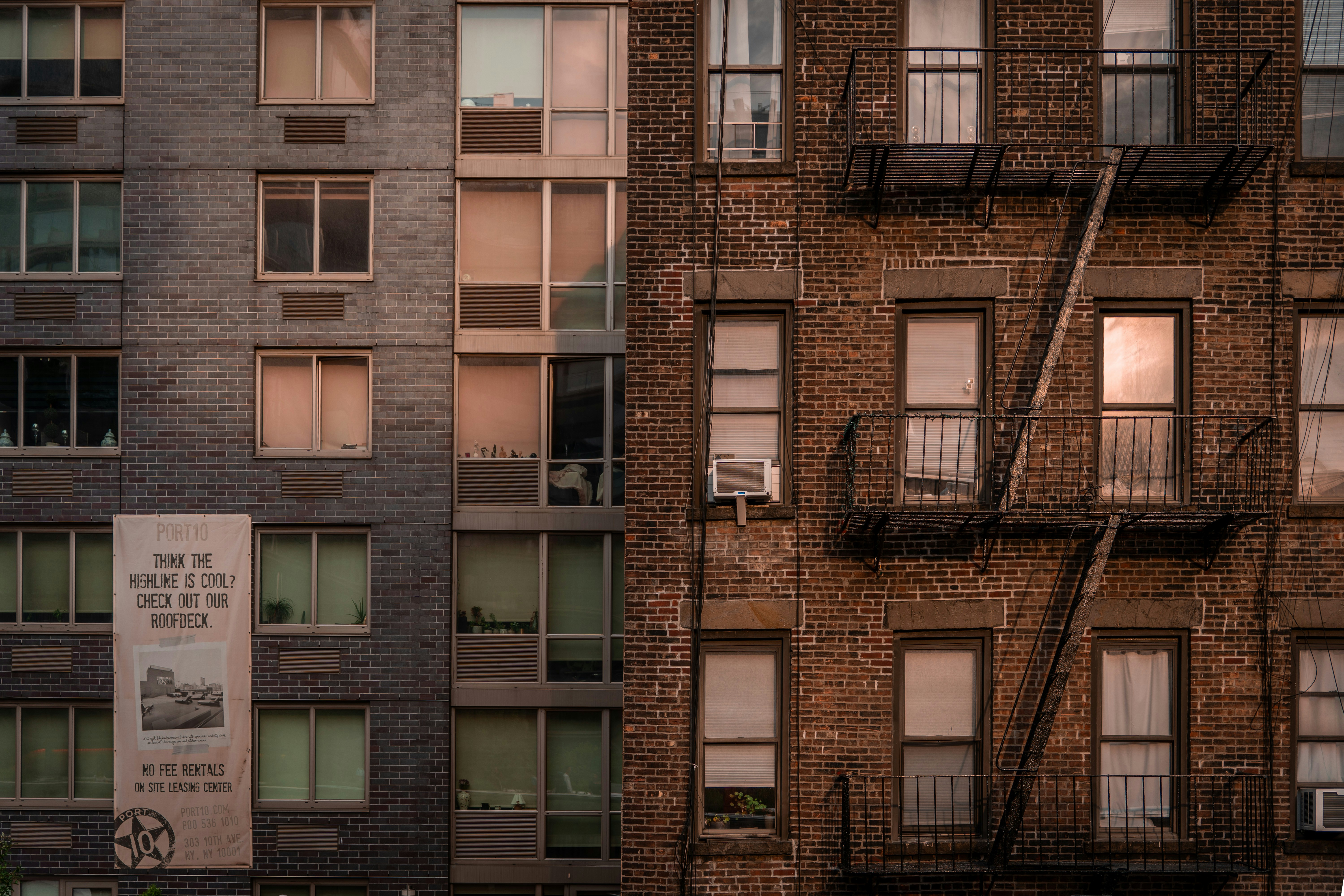 Contrast between modern and vintage architecture in an urban setting, highlighting textures and reflections in the windows.