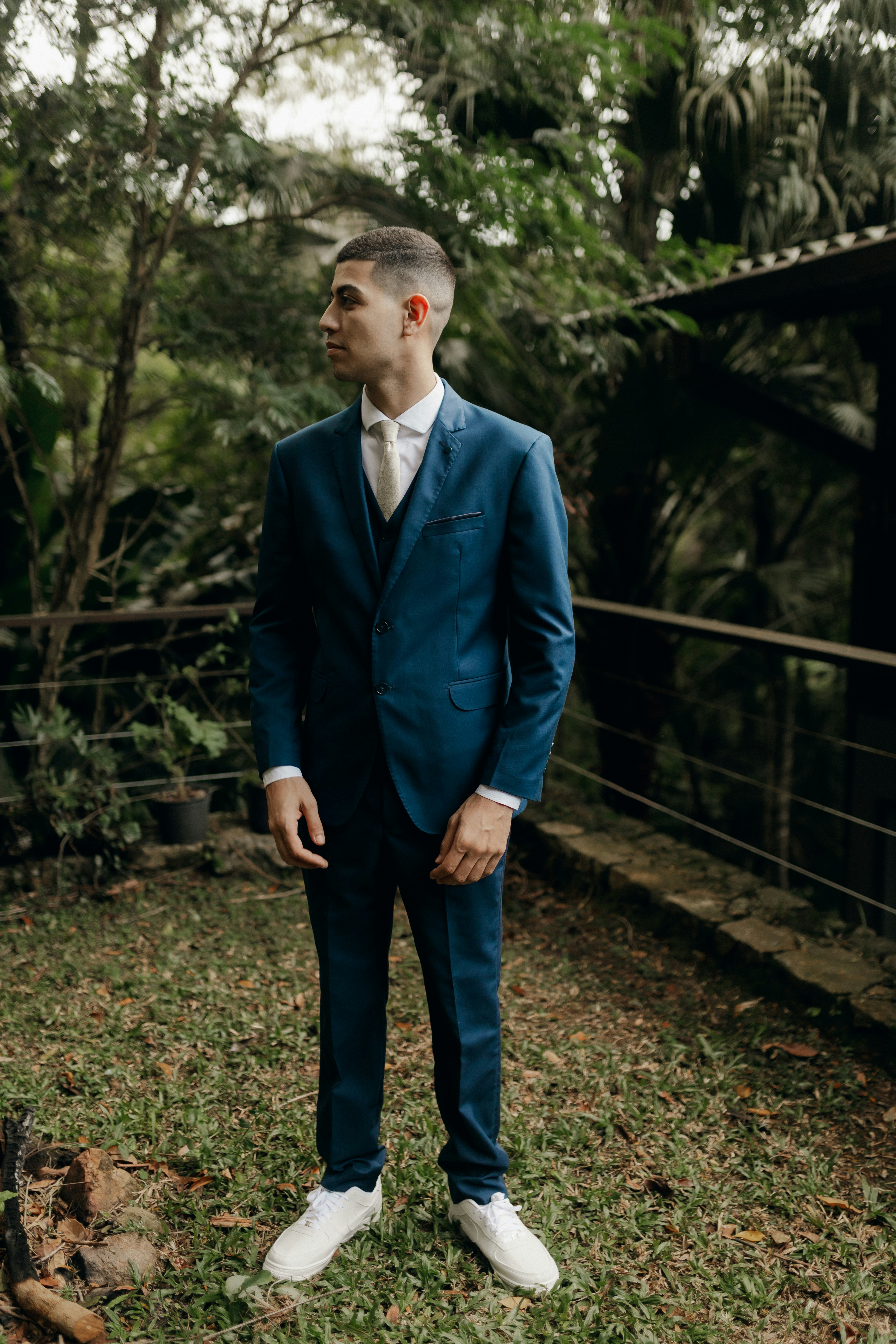 Blue-Suited Stillness in a Garden
