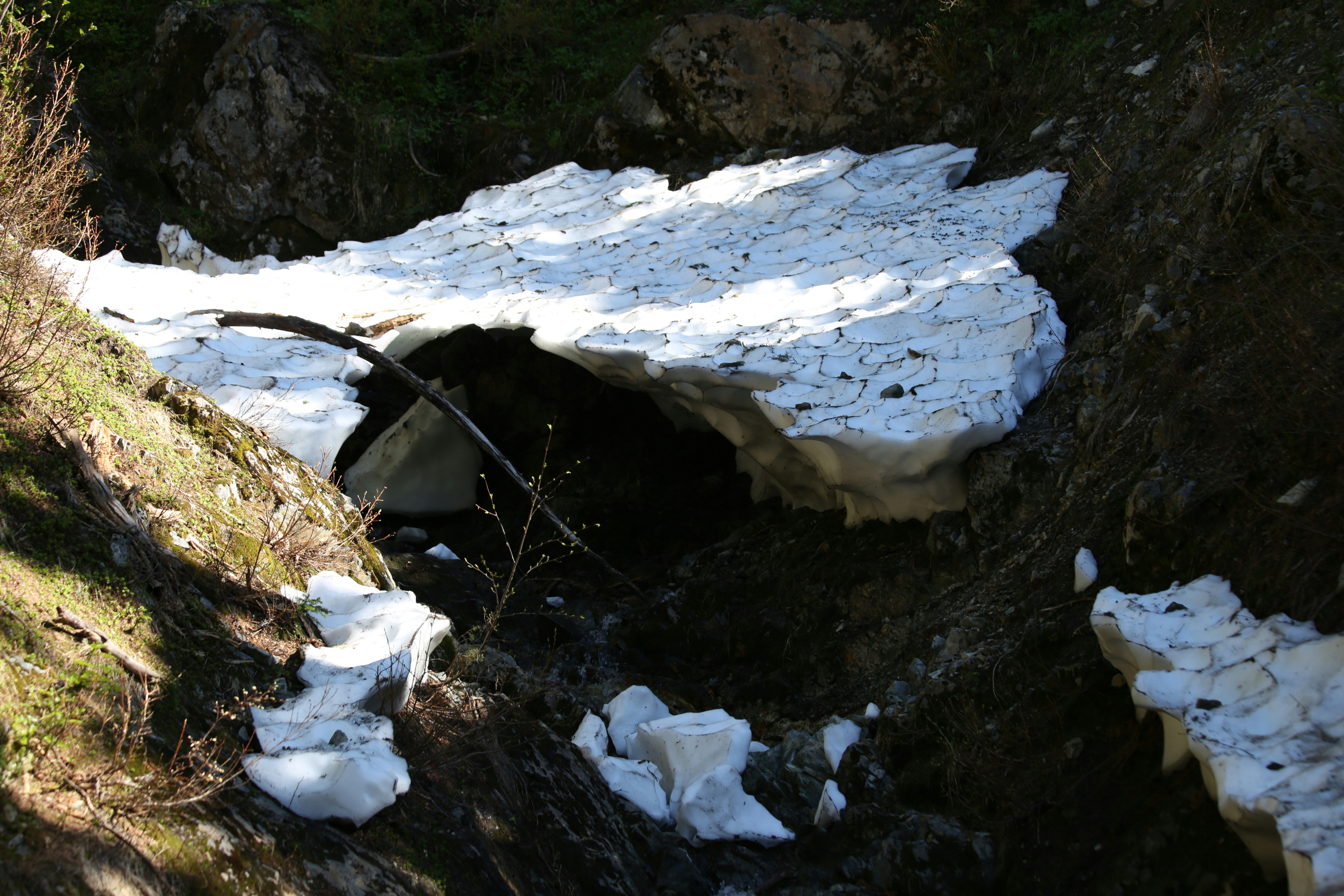 July ice in BC mountains | Melting snow overhangs a small creek bed.