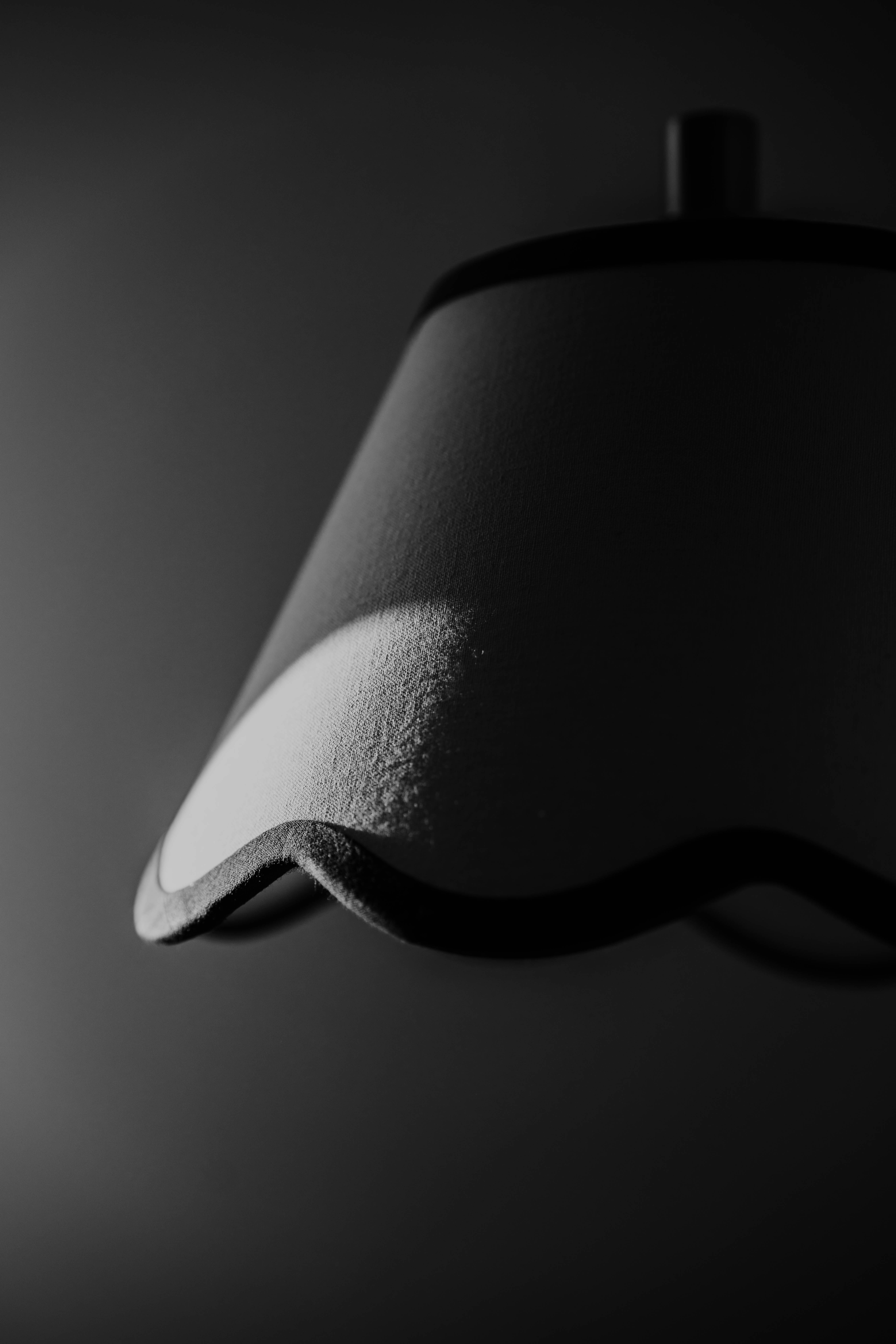 Here is a short caption: a lamp shade is lit in black and white.