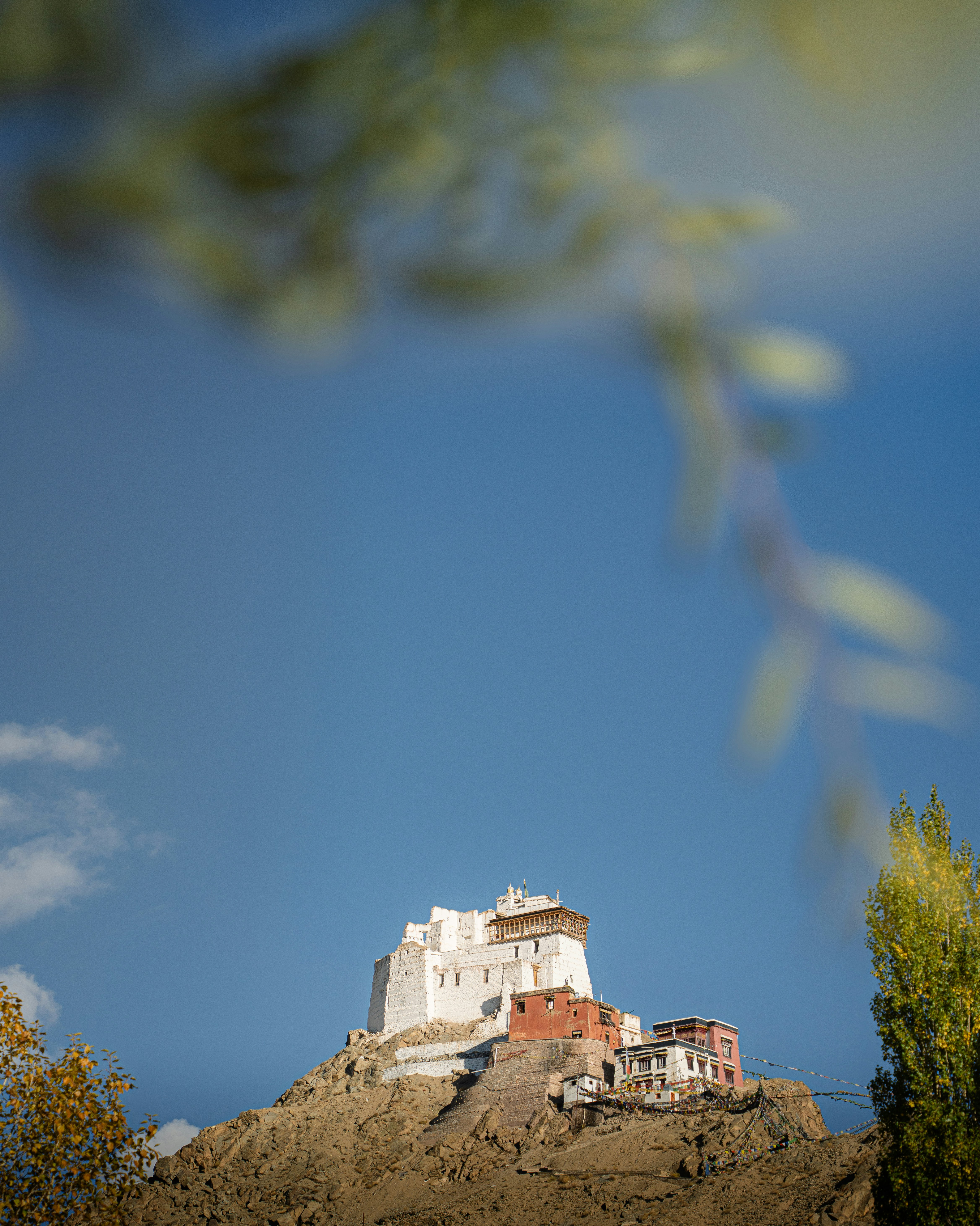 A white castle sits atop a rocky mountain.