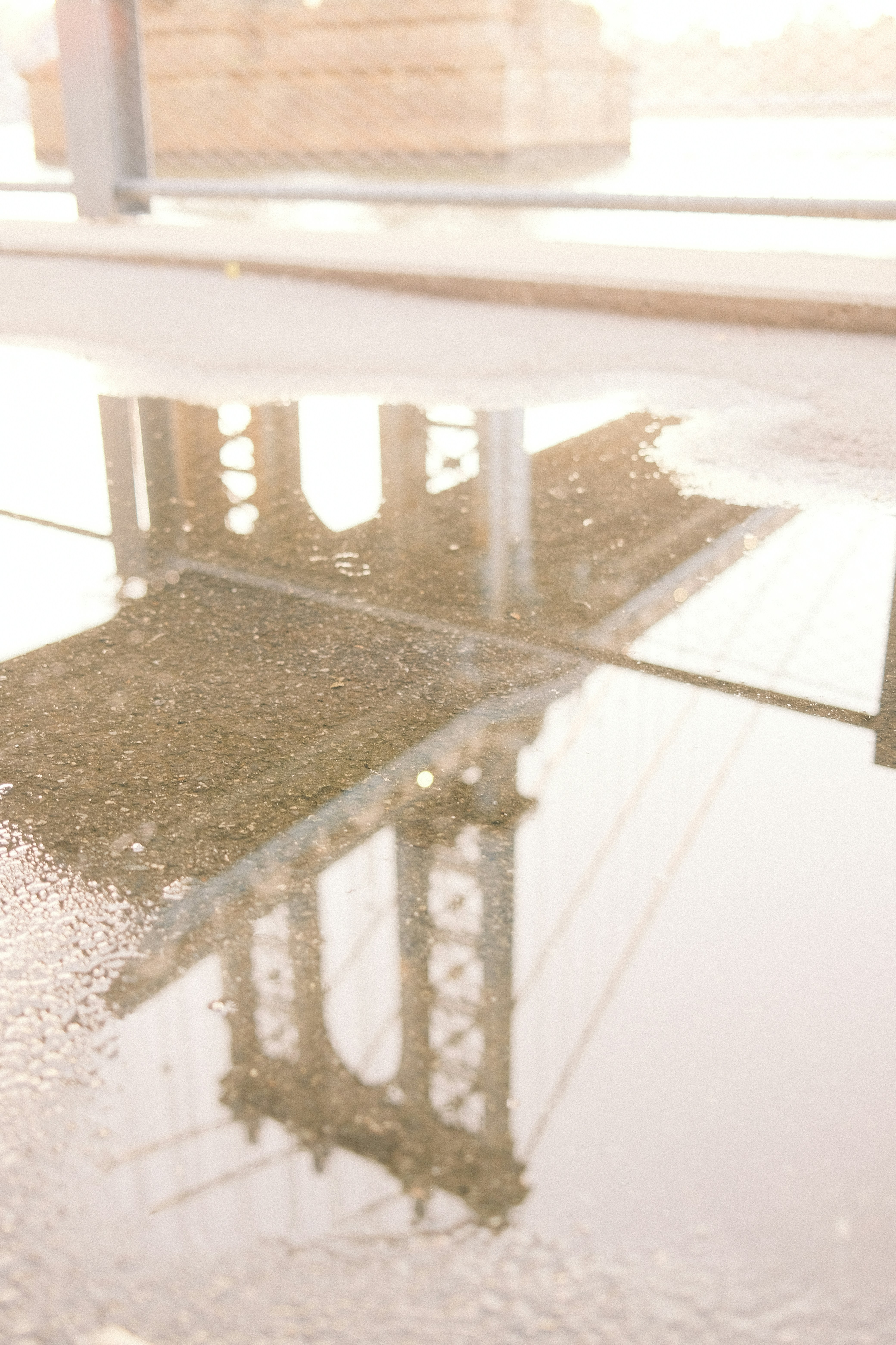 Reflection of a bridge captured in a puddle, showcasing the intricate details of its structure against a soft, muted background.