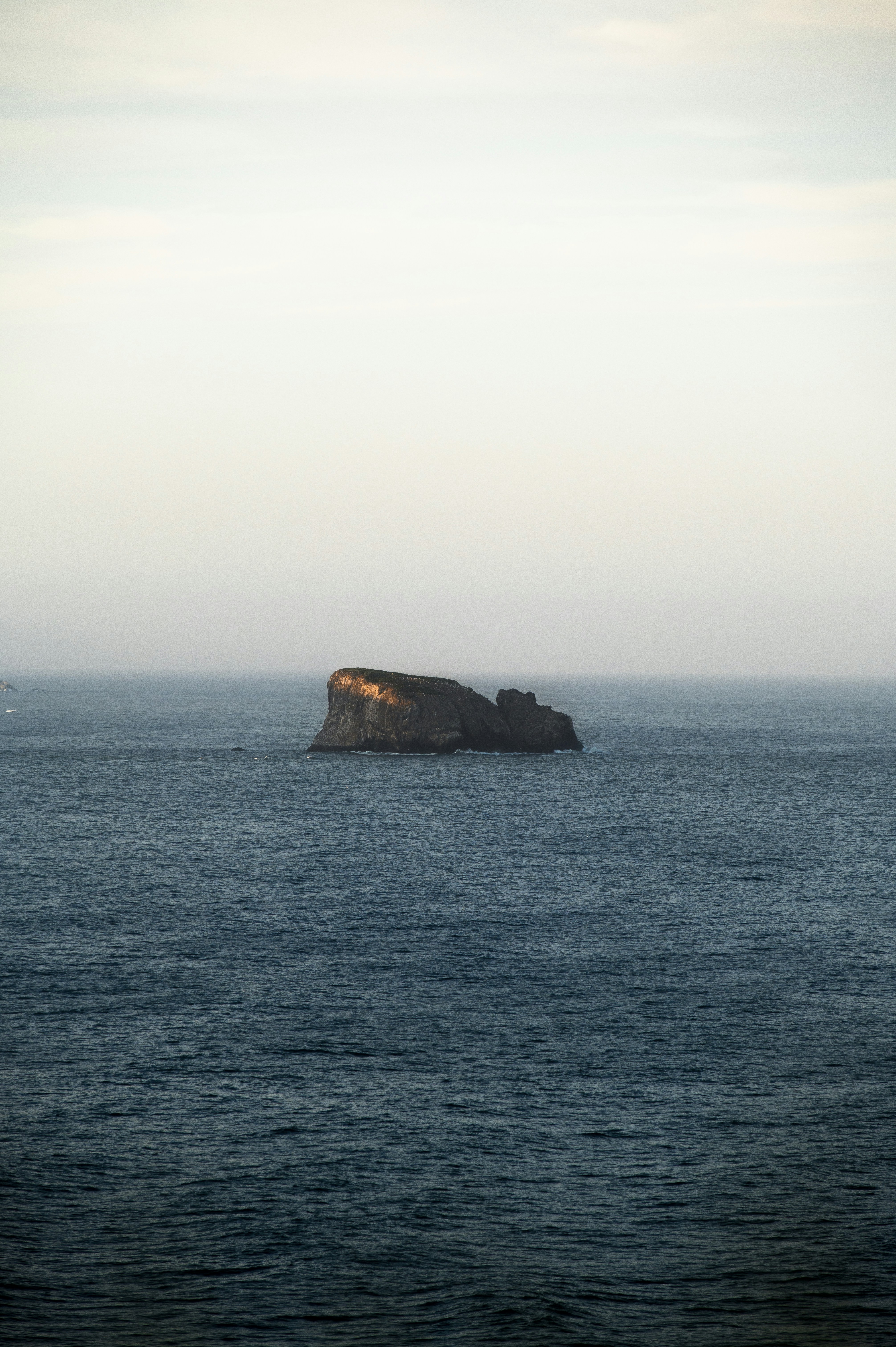 Lone rock formation emerging from calm ocean waters under a soft sky. The scene captures a tranquil moment of nature's resilience.