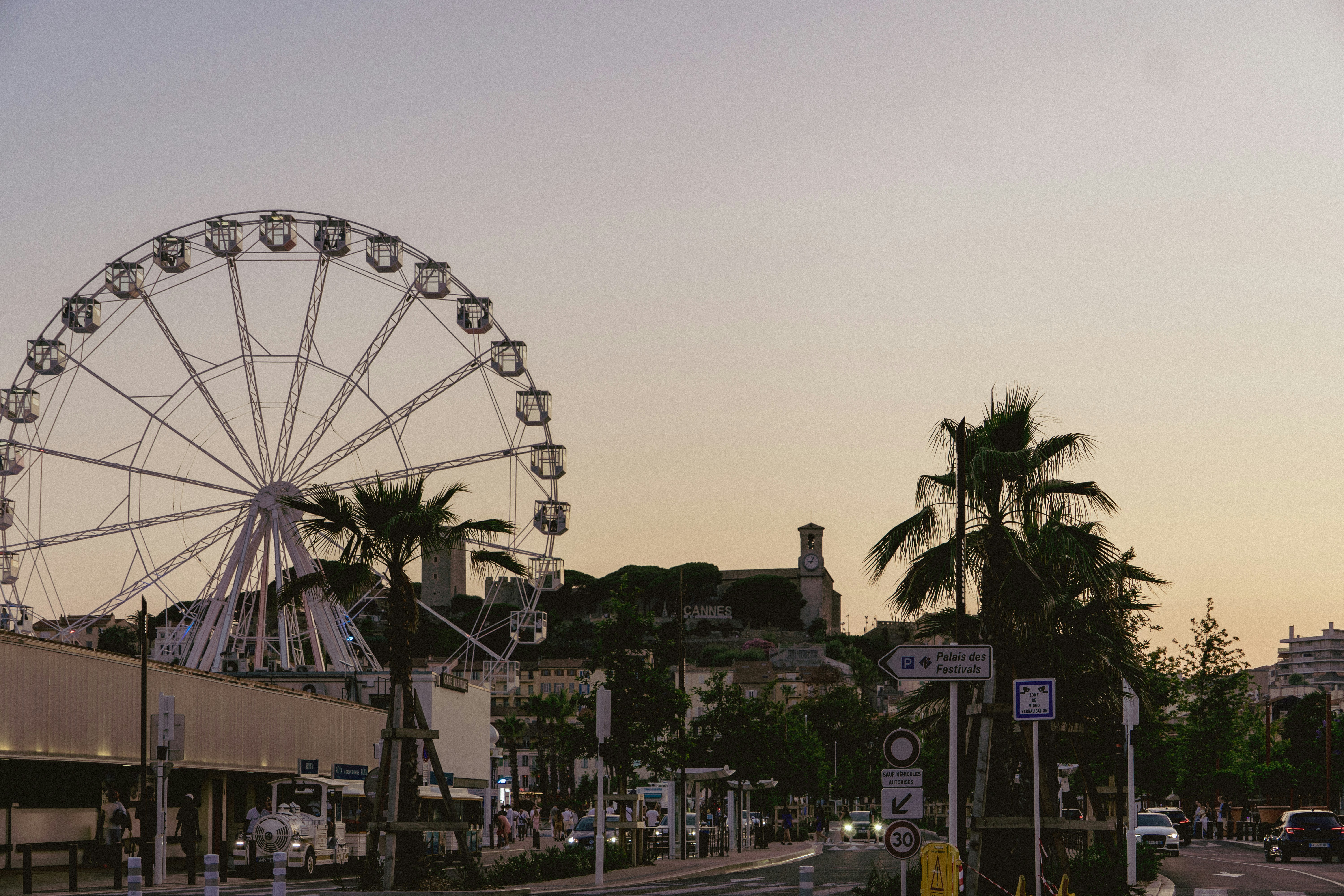 Ferris wheel illuminated against a twilight sky, framed by palm trees and urban architecture. The scene captures the essence of a lively evening atmosphere.