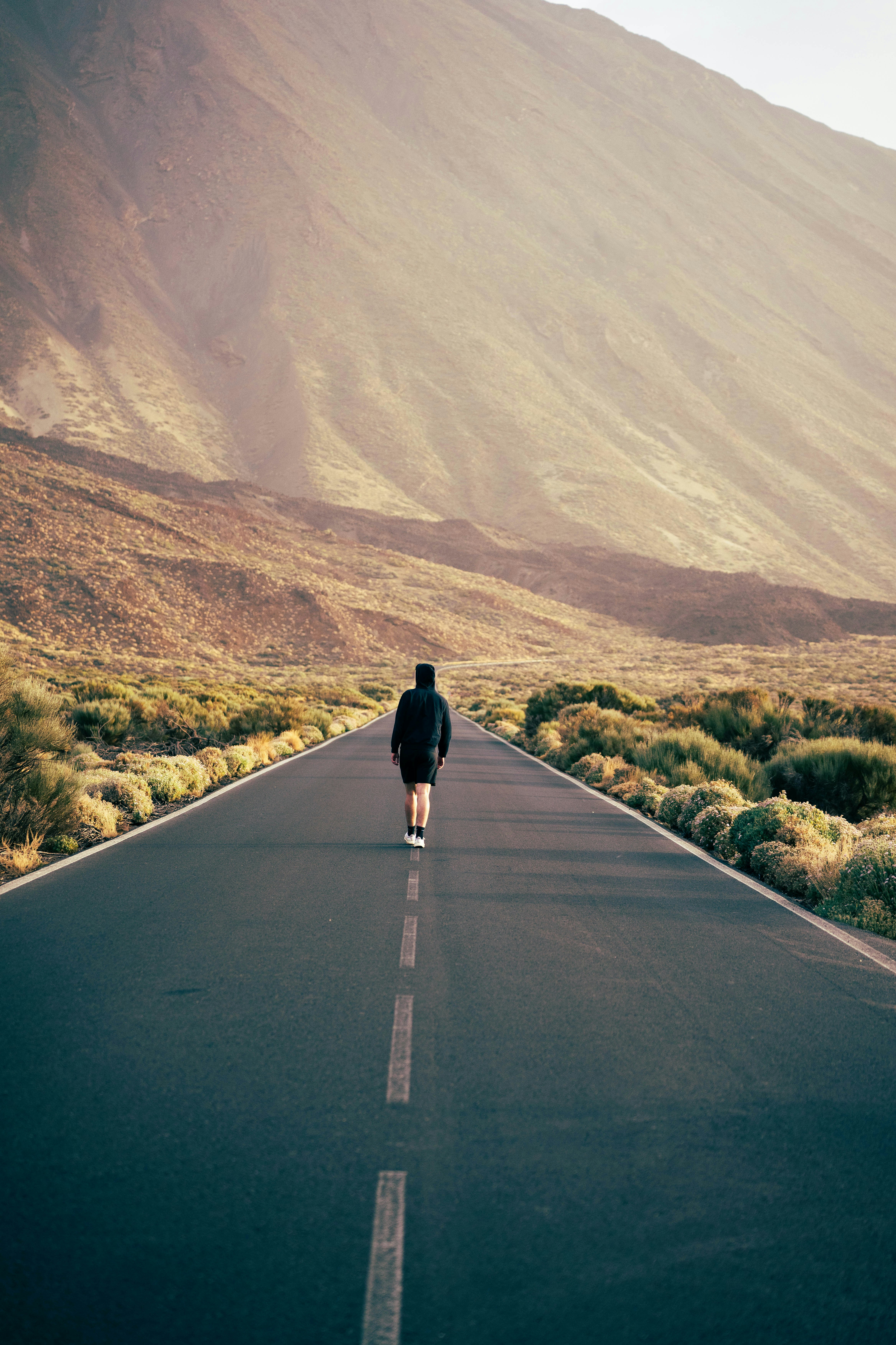 A solitary figure walks down a deserted road flanked by lush vegetation and mountains, evoking a sense of introspection and adventure.