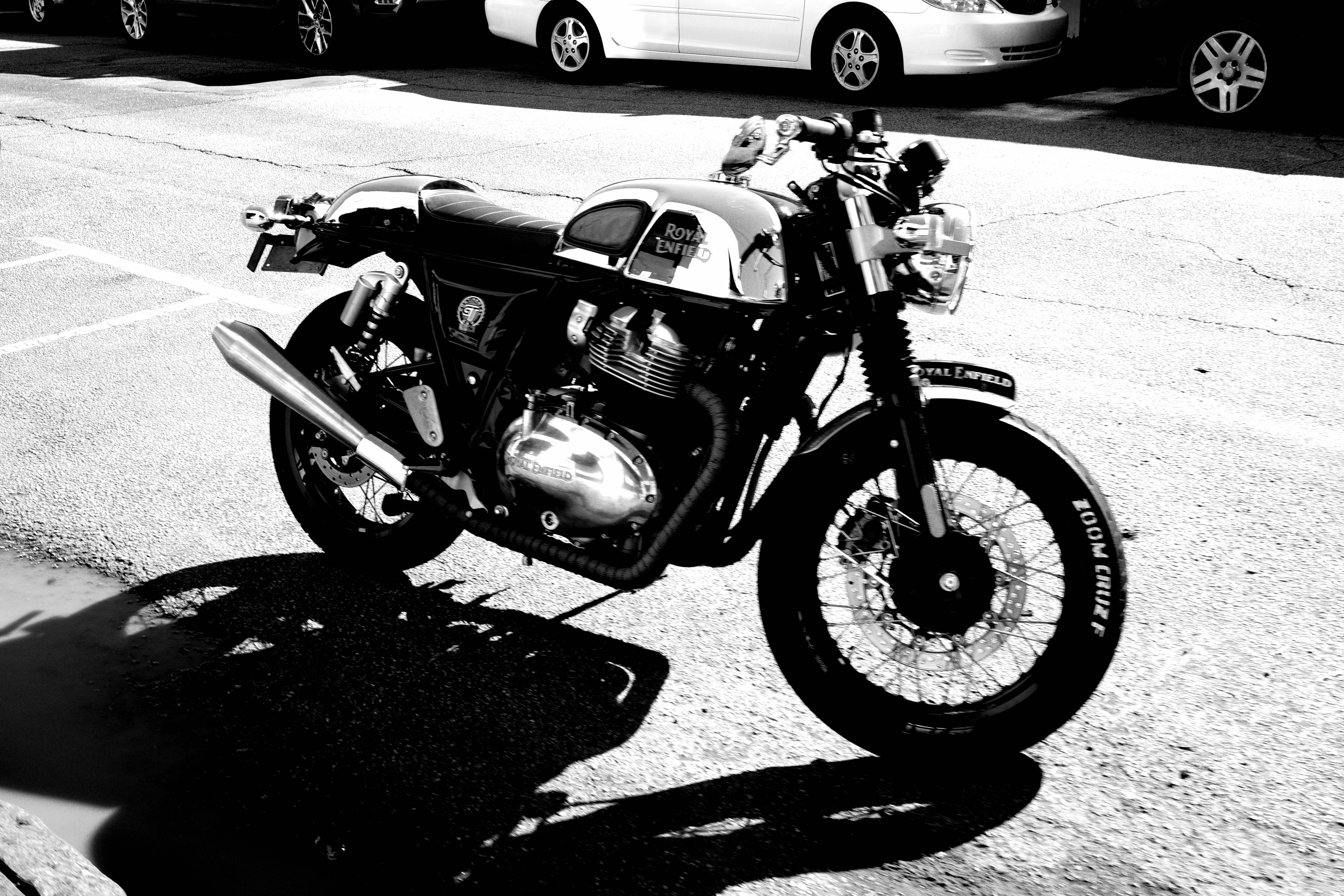 A sleek motorcycle parked on the street.