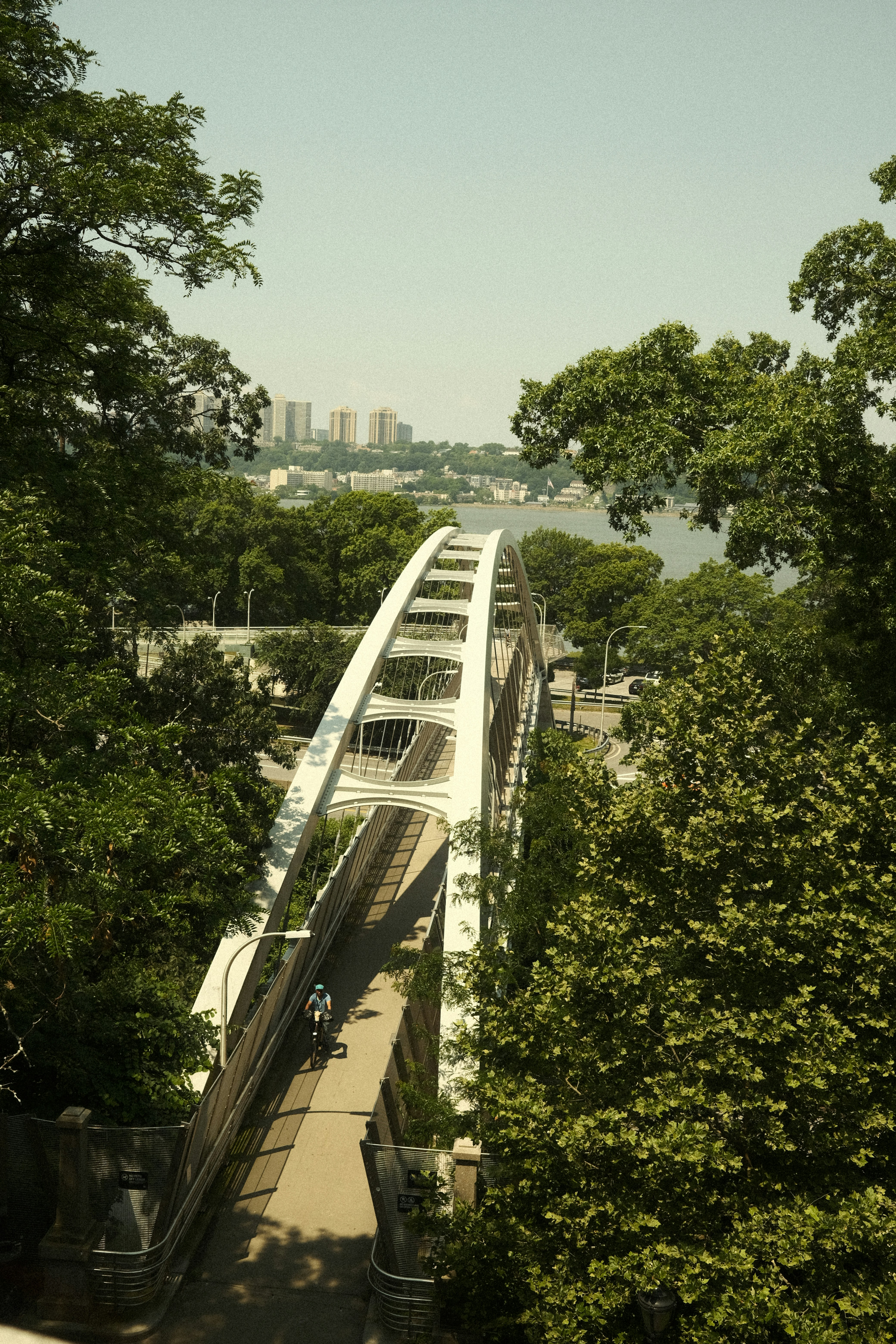 A modern pedestrian bridge arches gracefully over a pathway surrounded by lush greenery, connecting urban landscapes with nature. The distant skyline hints at a vibrant city beyond.
