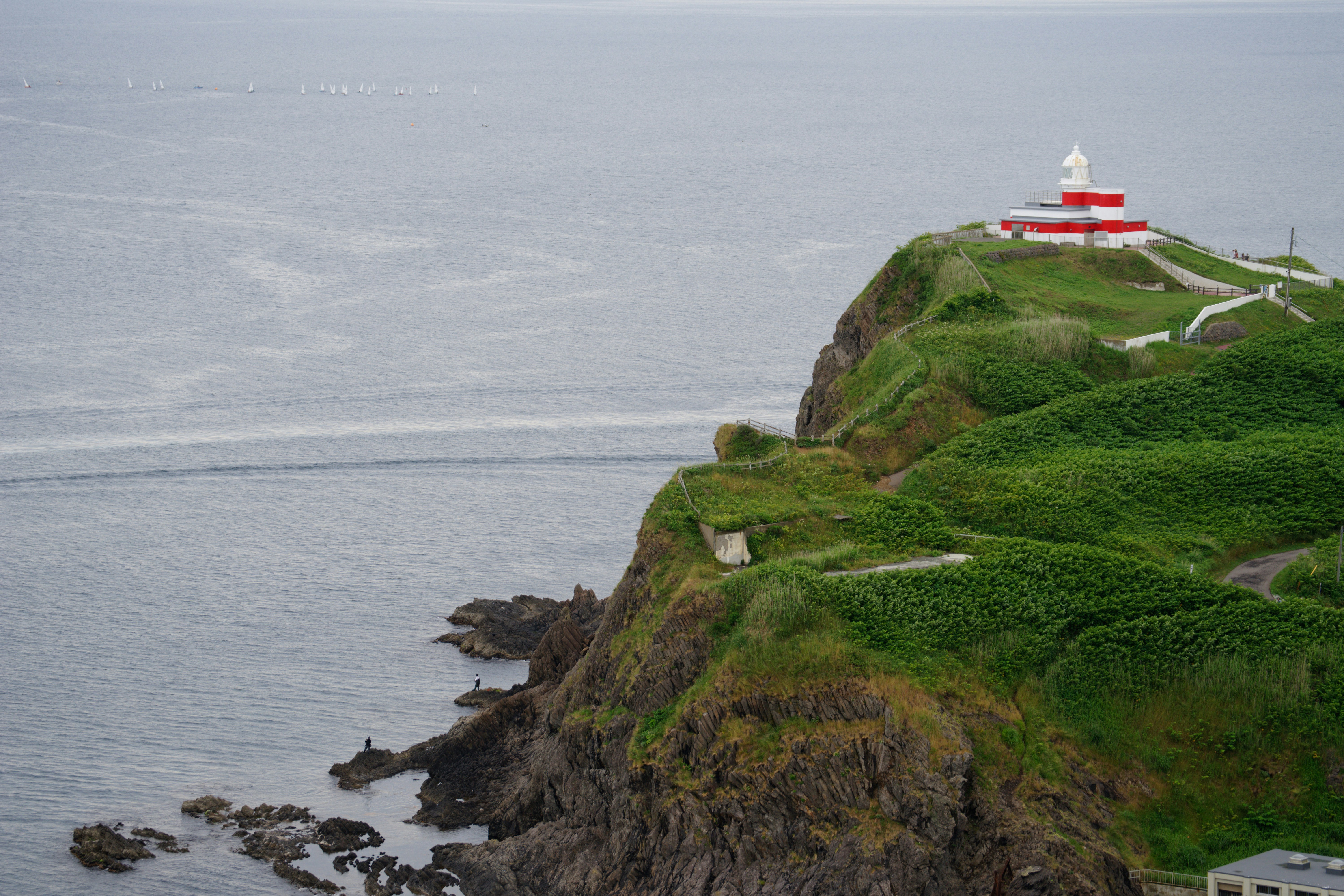 Red and white lighthouse perched on a lush green cliff overlooking the serene sea, with rocky formations visible below.