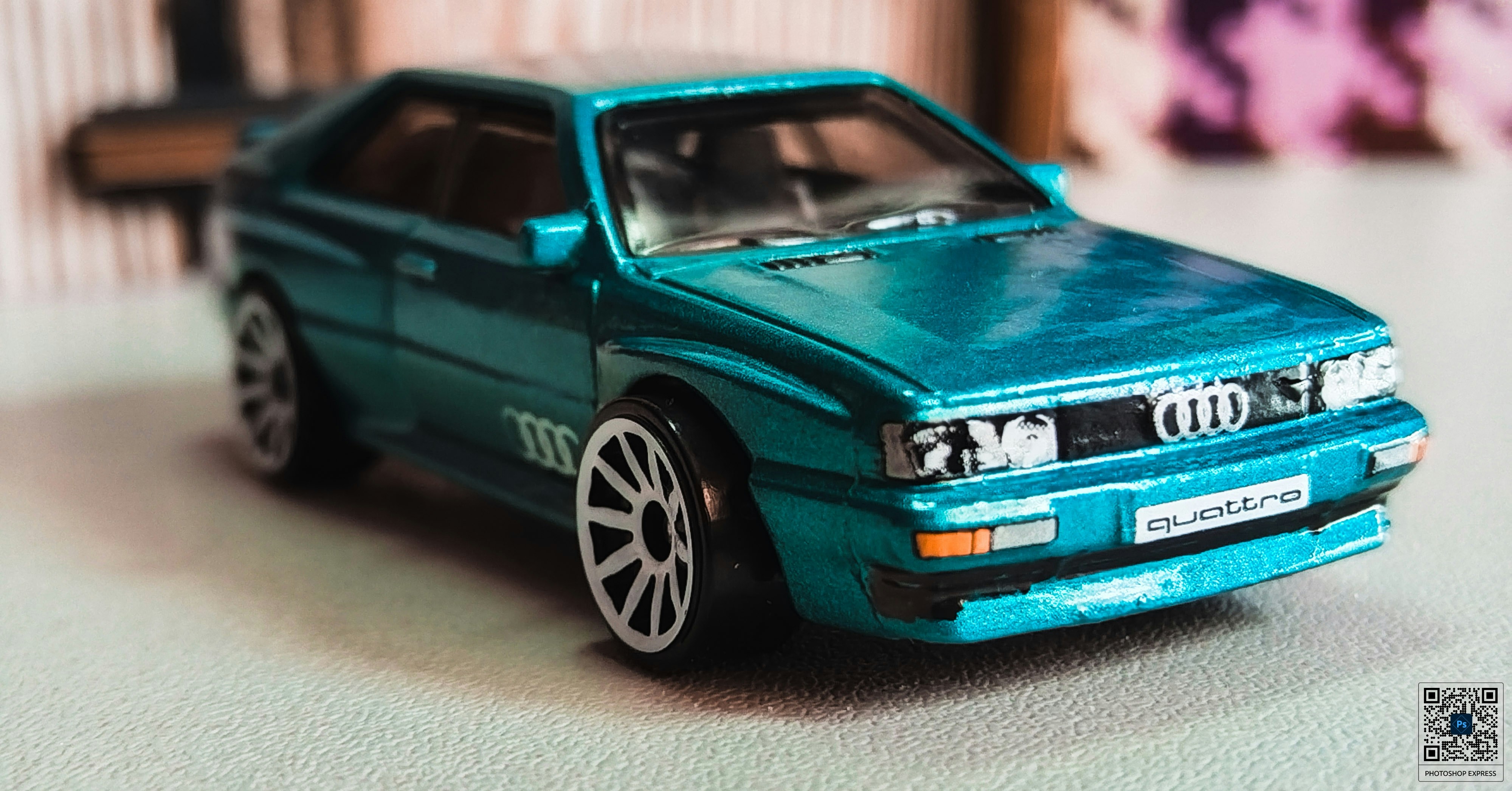 Teal Die-Cast Audi Quattro: Desk-Top Macro Portrait