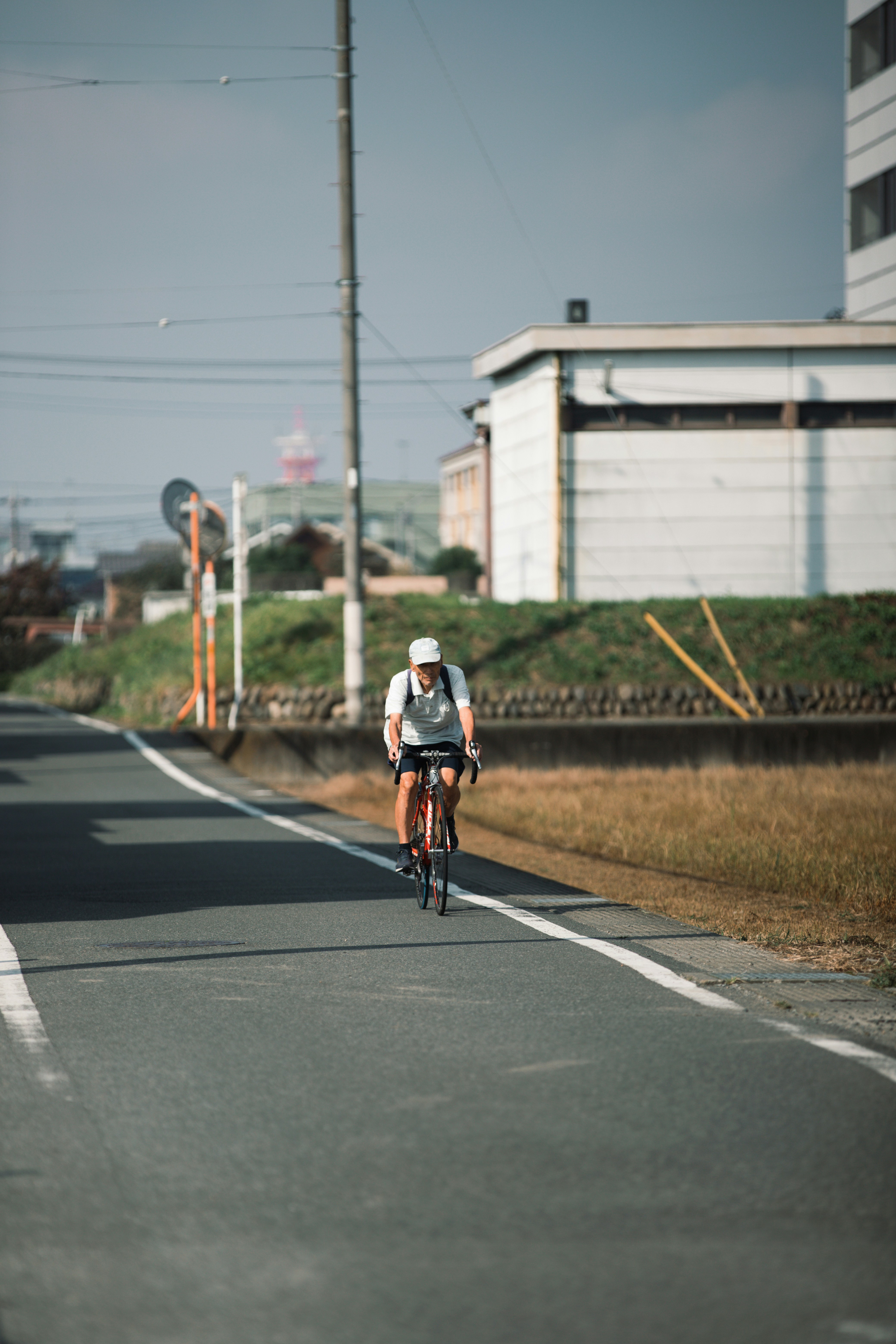 Cyclist navigating a quiet road lined with greenery and urban structures.