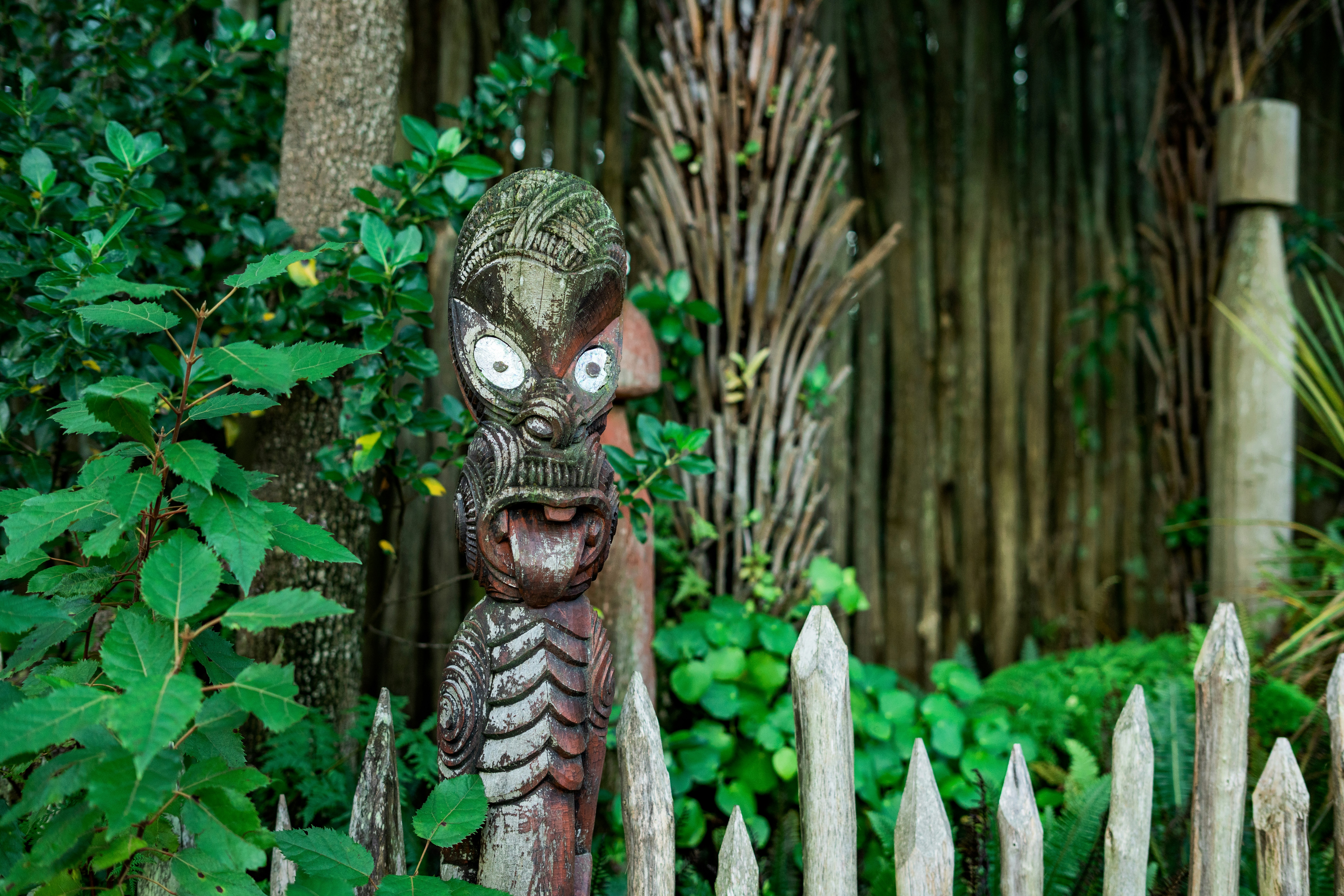 A carved maori statue stands in a garden.