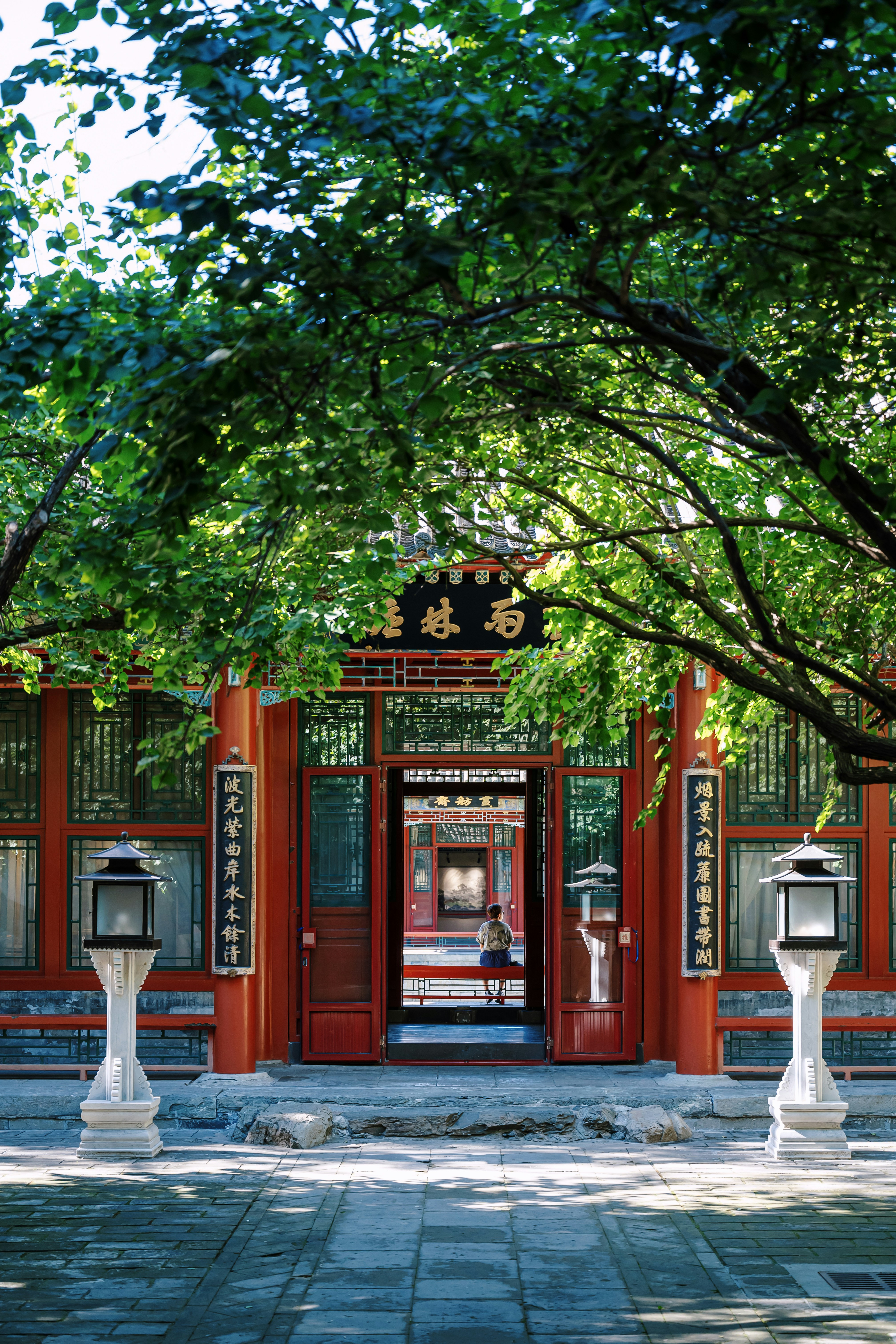 An ornate building framed by trees is seen.