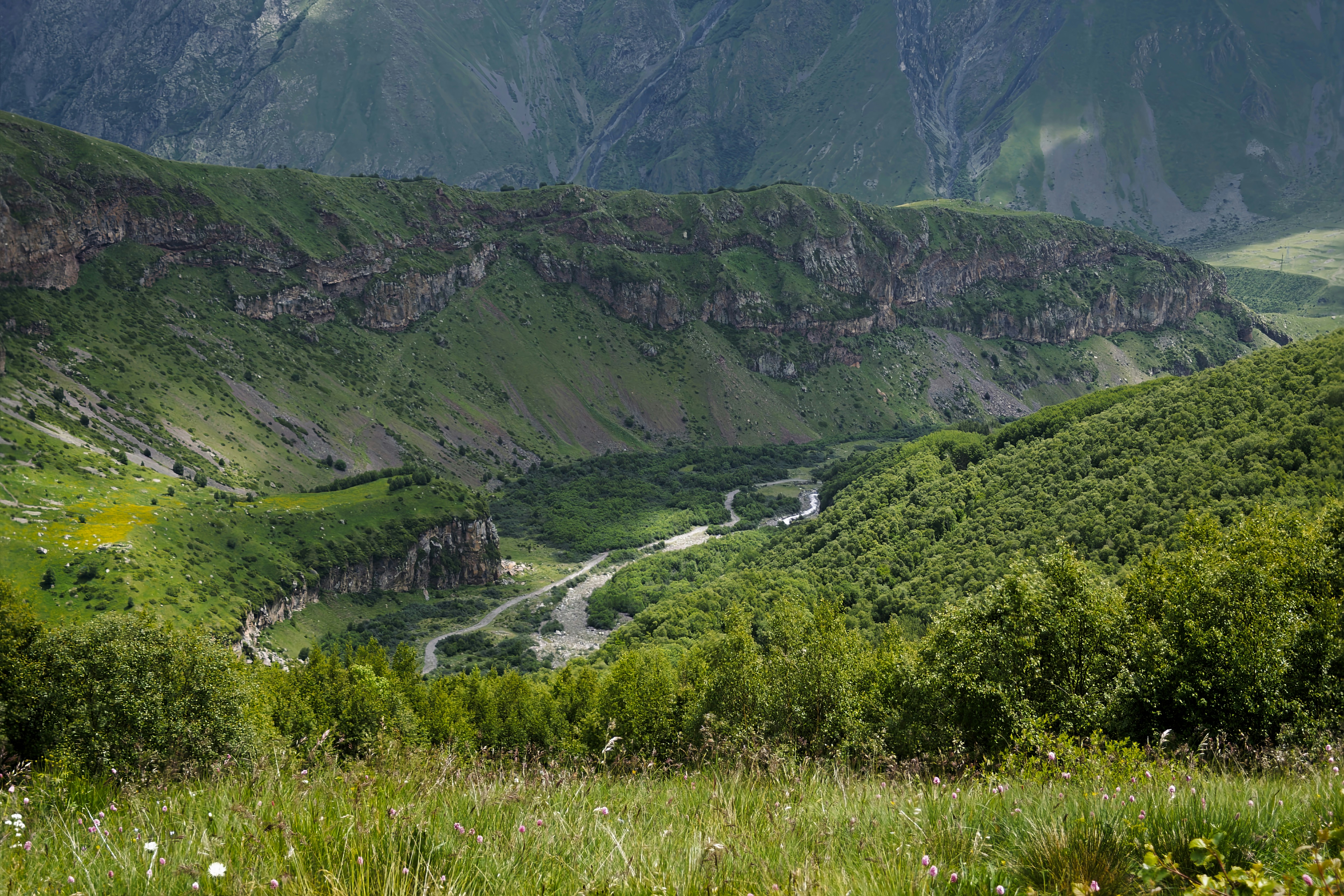 This photo was taken in Kazbegi, Georgia on the iPhone 15 Pro with Adobe's latest Project Indigo camera app. Some light post-processing was done with Photomator. | A lush, green valley with a winding river.