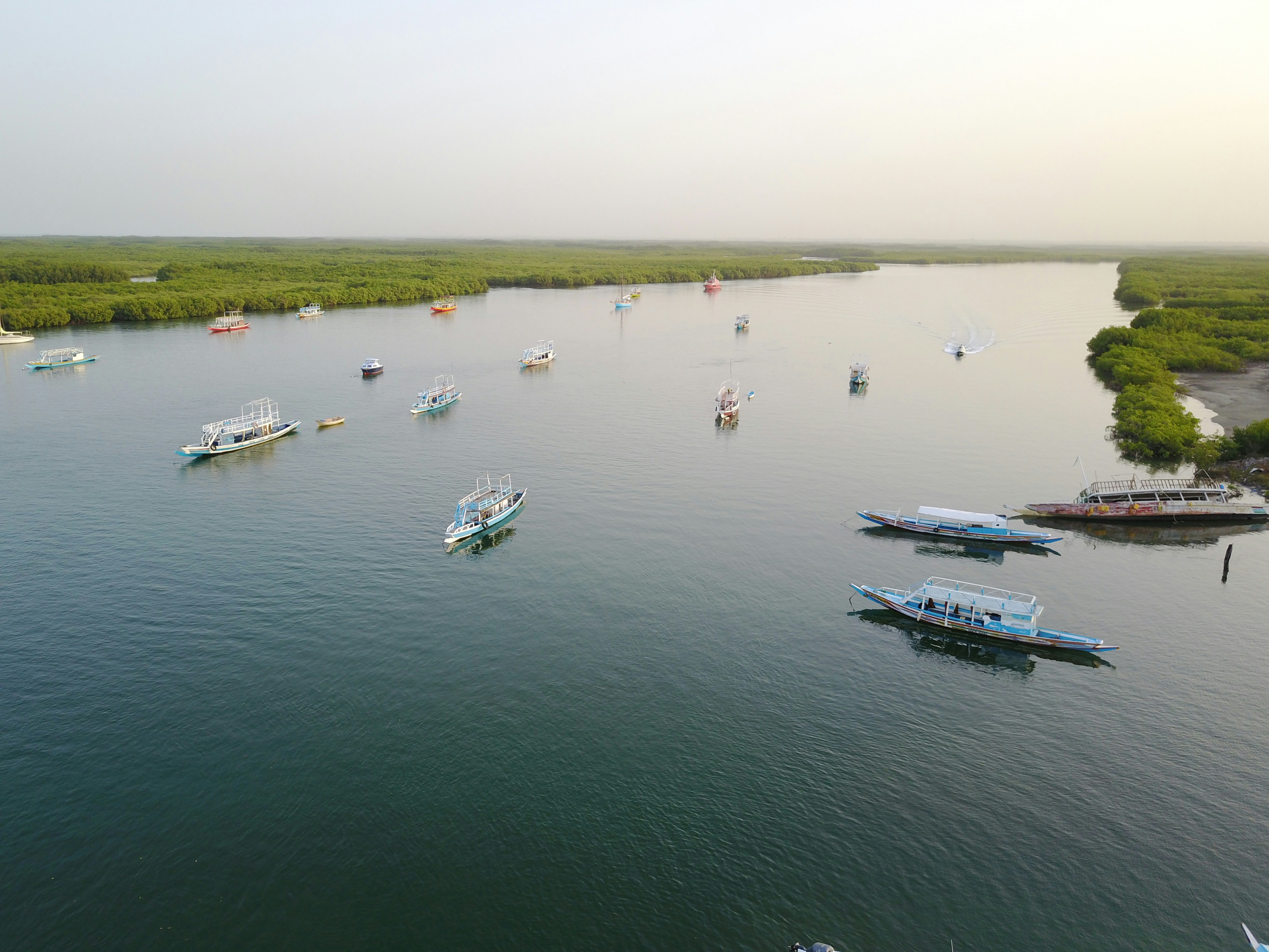 An aerial view of fishing boats anchored near Denton Bridge, gateway to Banjul. This tranquil waterway scene is steeped in local livelihood and maritime heritage. | Boats are floating in a river next to greenery.