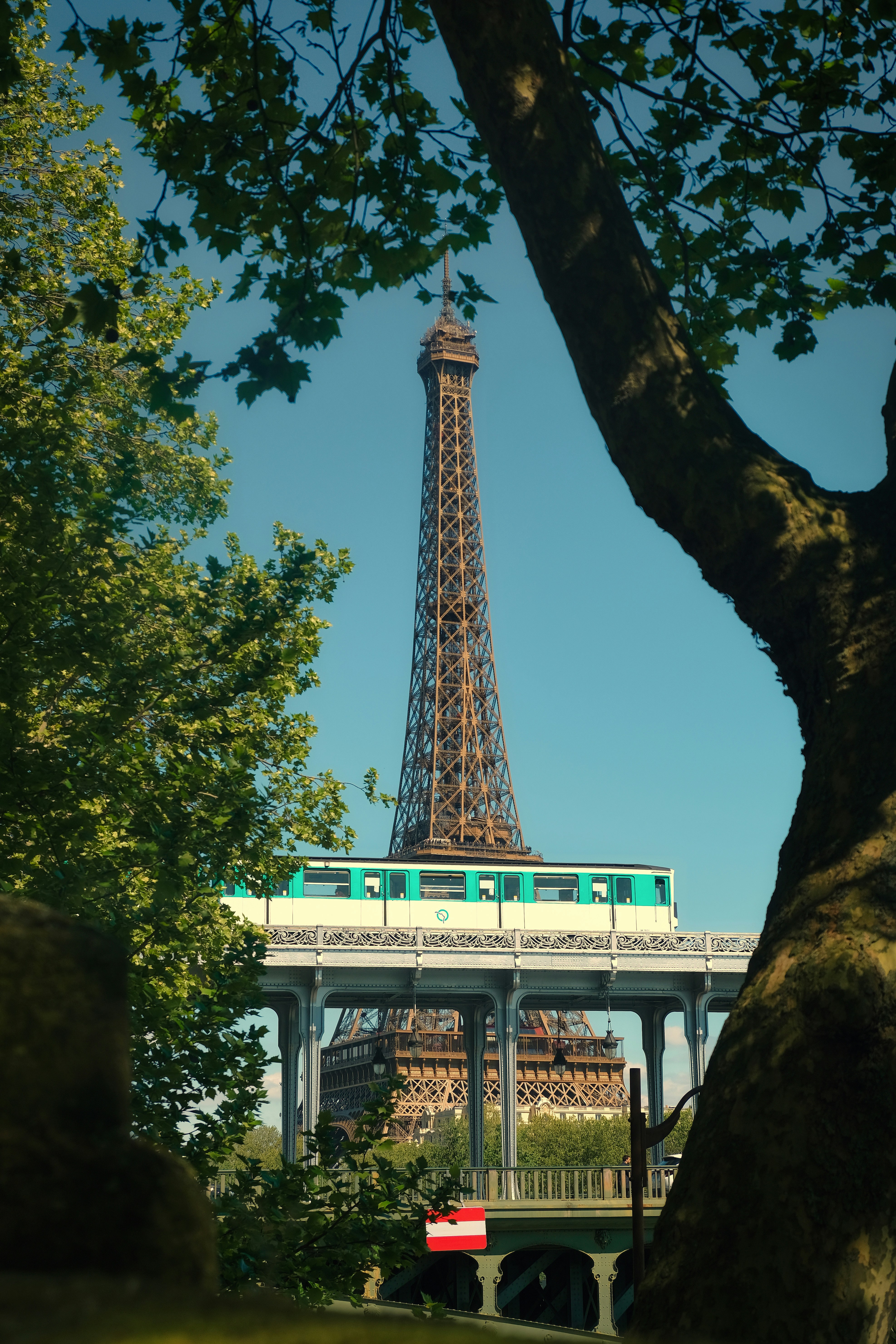 The Eiffel Tower rises majestically amidst lush greenery, framed by trees and a vibrant blue sky. The scene captures the blend of architectural grandeur and natural beauty.